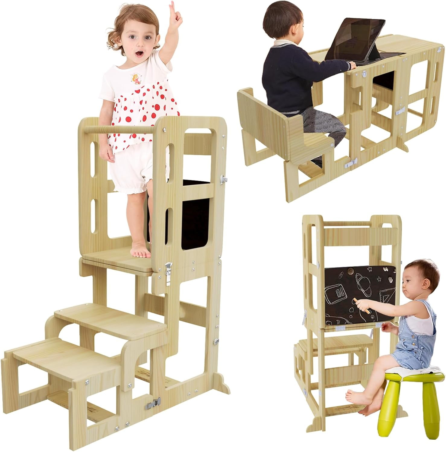 3 in 1 Toddler Kitchen Step Stool, Kids Tower with Chalkboard & Safety ...