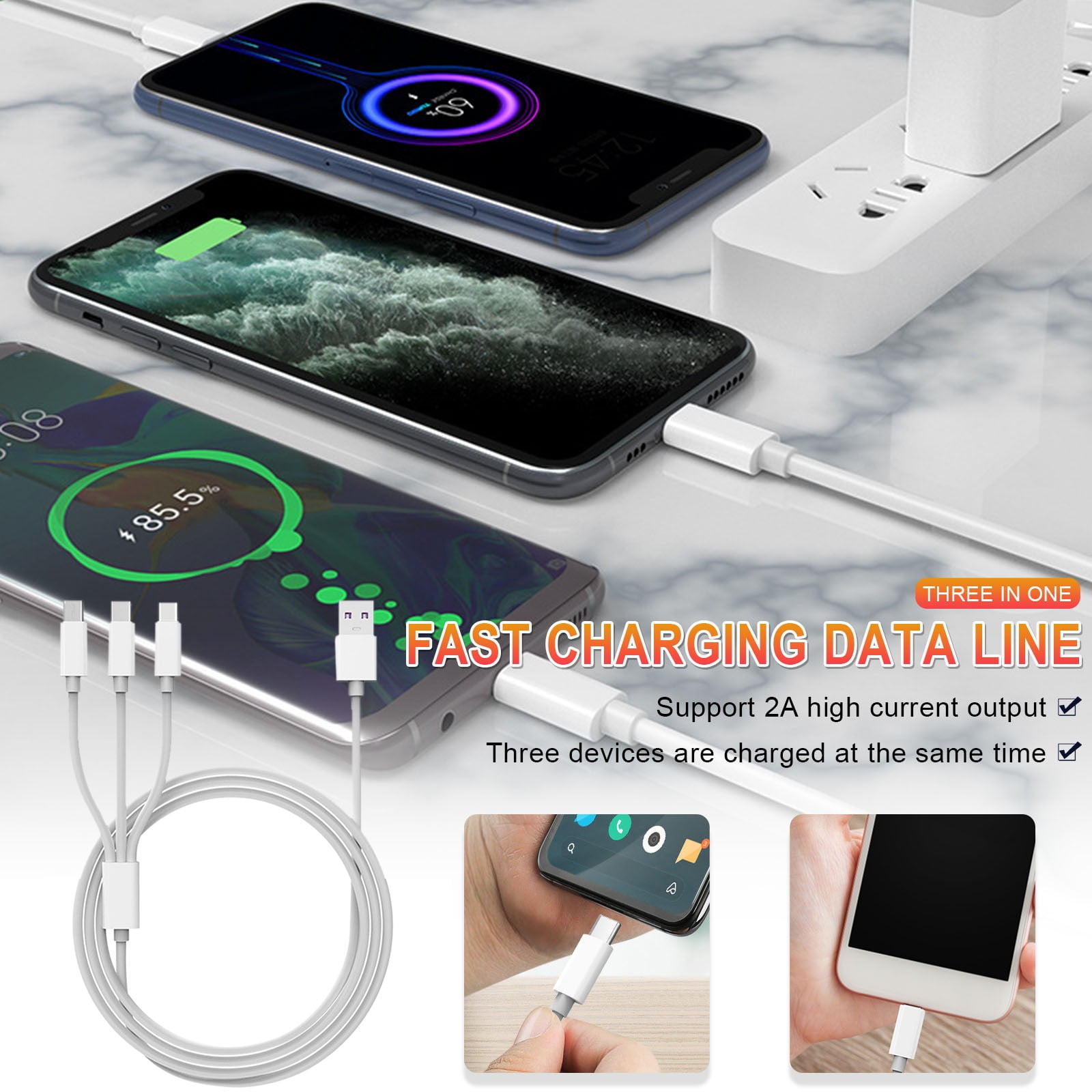 3 In 1 USB Charger Cable, Universal Fast Charging, Detachable Design ...
