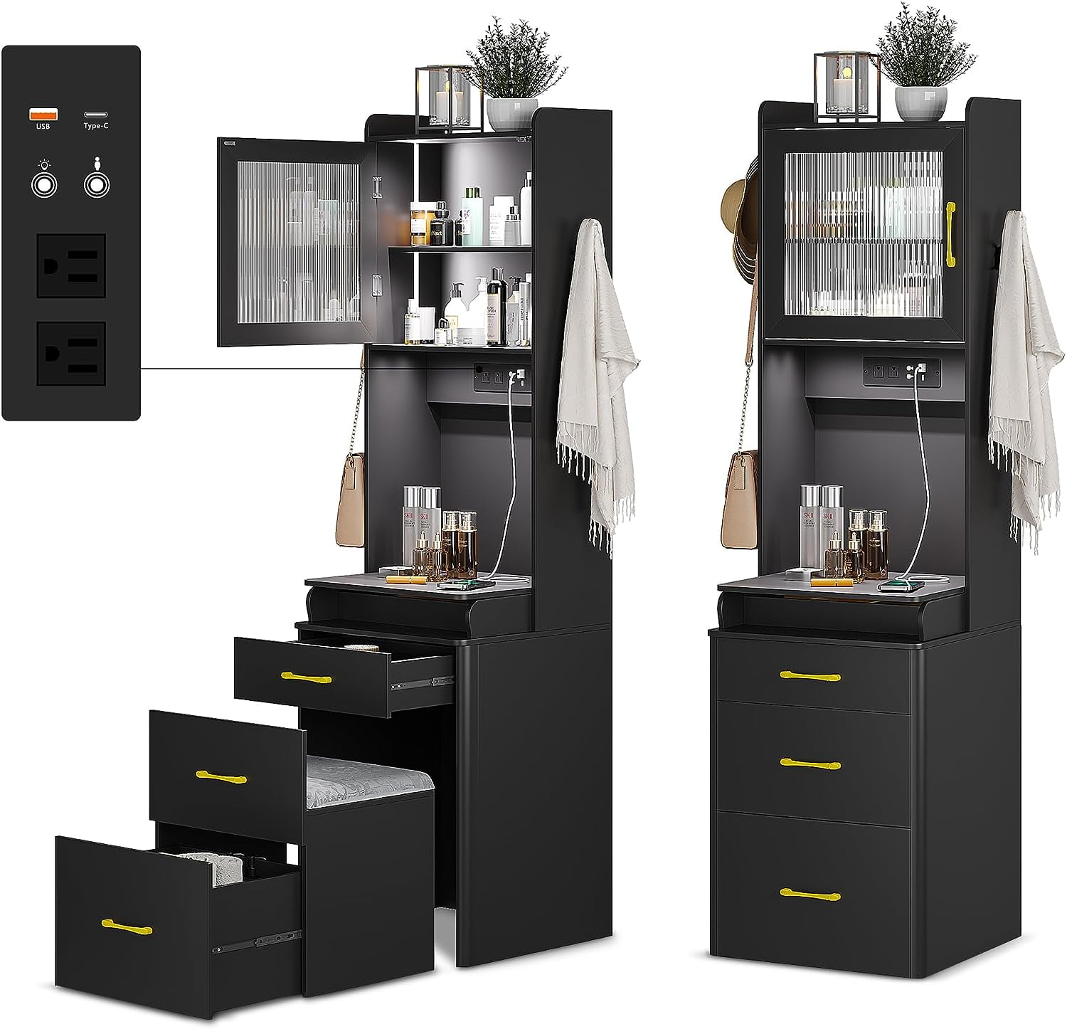 3 in 1 Vanity Desk with Flip up Mirror and Lights,Glass Top Makeup ...