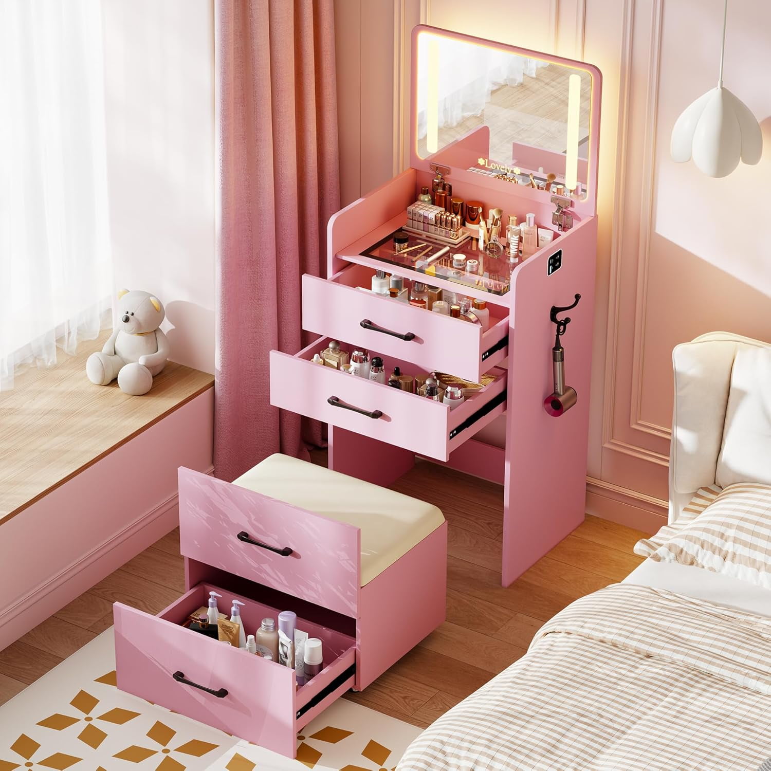 3 in 1 Vanity Desk with Flip up Mirror and Lights, Glass Top Makeup ...