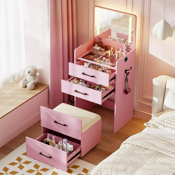 3 in 1 Vanity Desk with Flip up Mirror and Lights, Glass Top Makeup ...