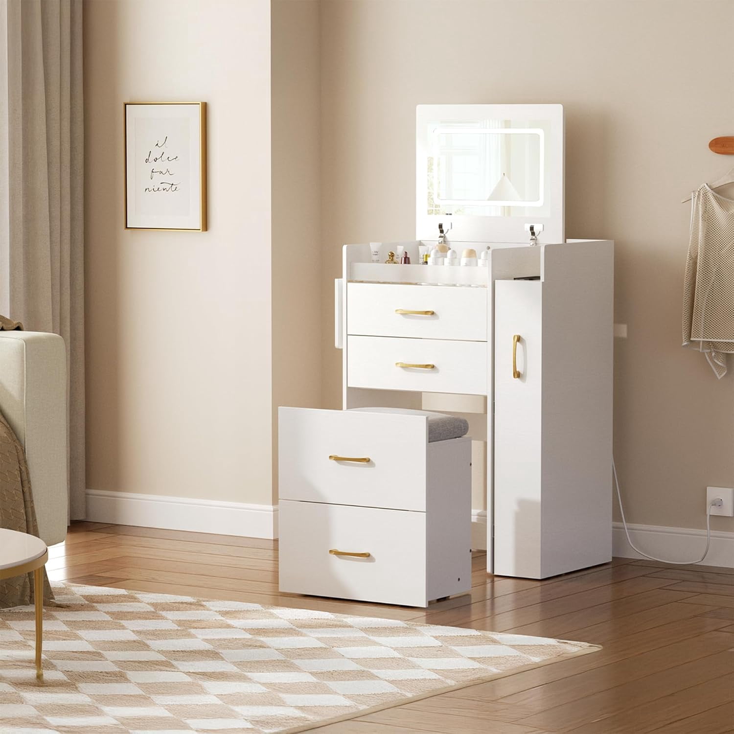 3 in 1 Vanity Desk with Flip Top Mirror, LED Lights, Side Cabinet ...