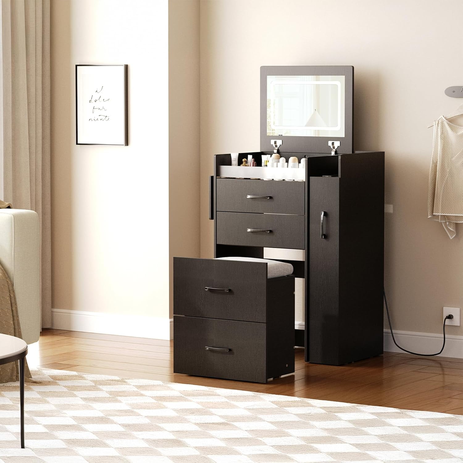 3 in 1 Vanity Desk with Flip Top Mirror, LED Lights, Side Cabinet ...