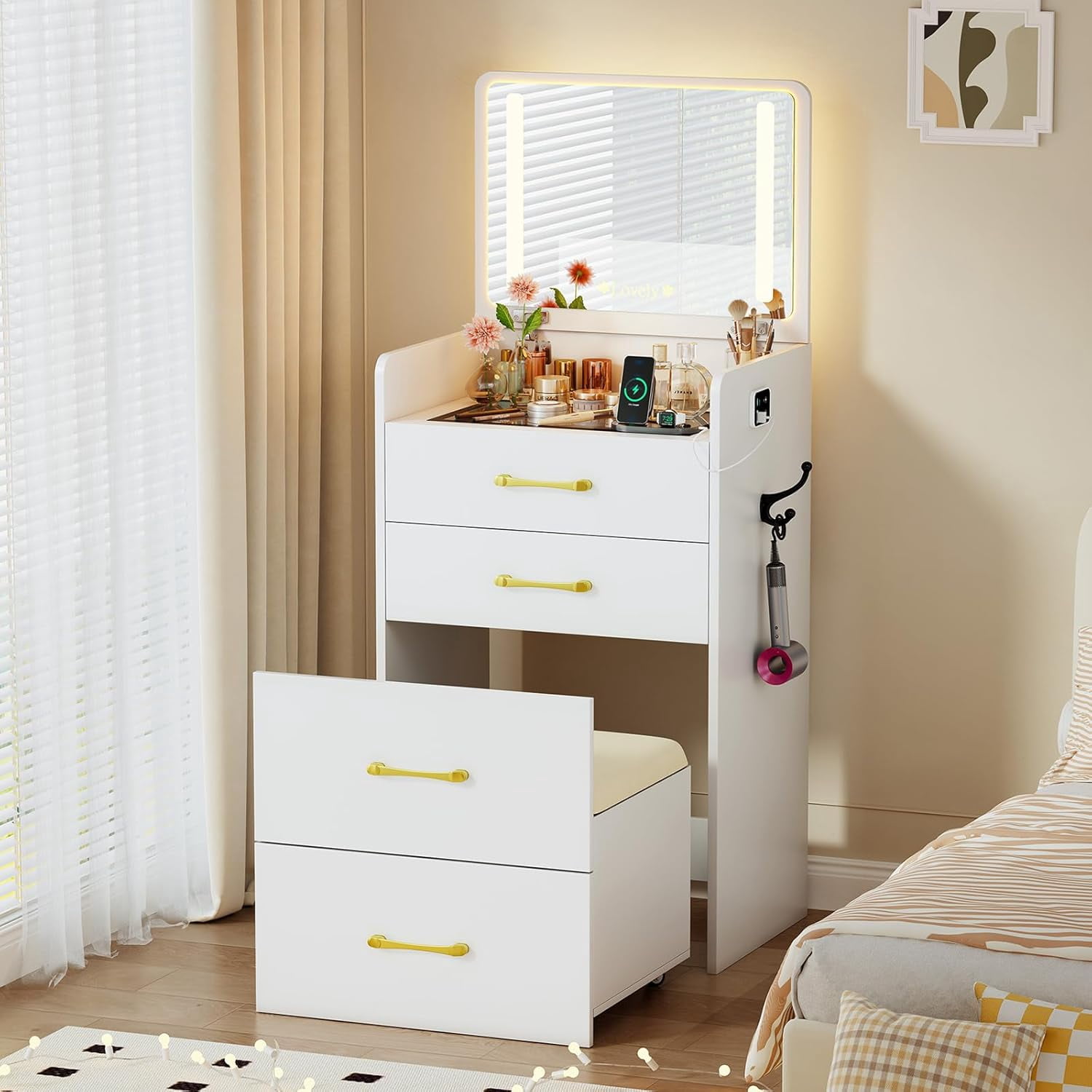 3 in 1 Vanity Desk with Flip Top Mirror and Lights,Modern Glass Top ...