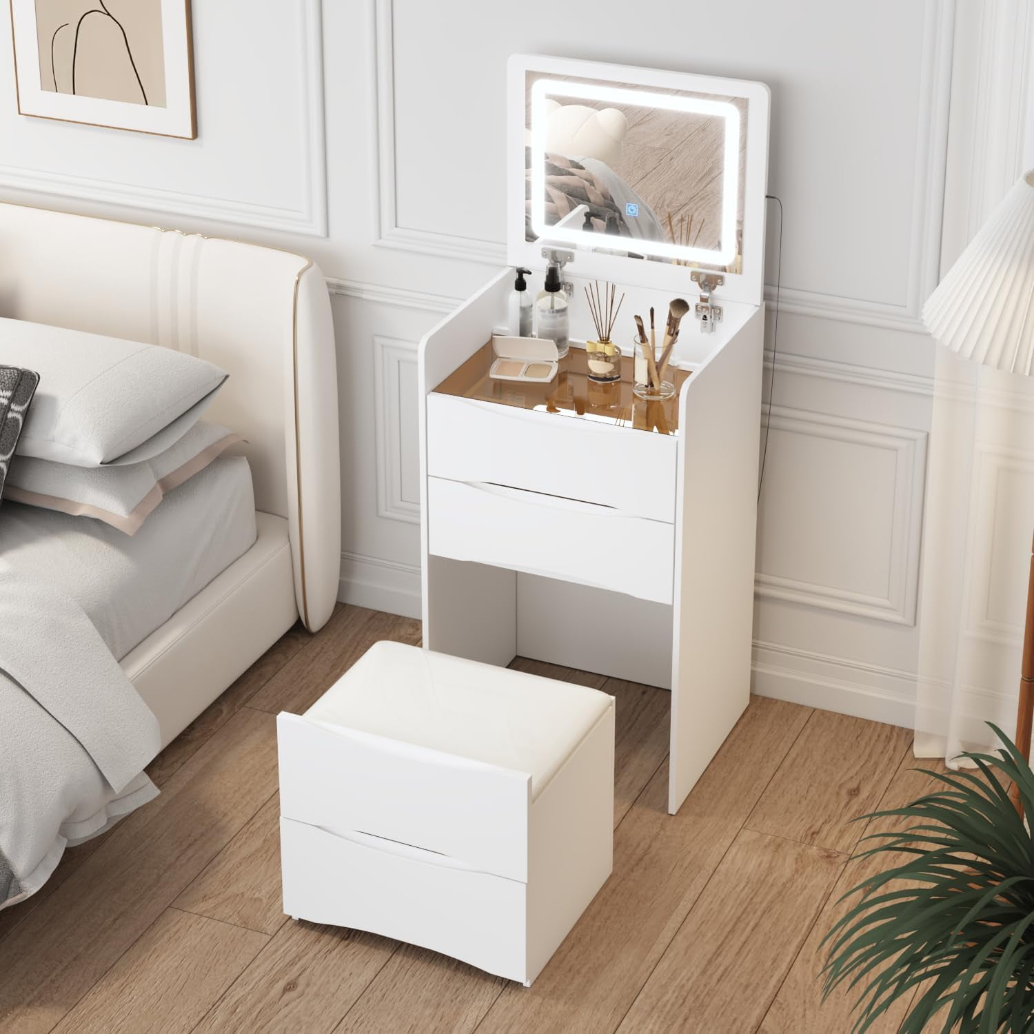 3 in 1 Vanity Desk with Flip Top Mirror and Lights, Small Make Up Vanity Set with Glass Desktop ...