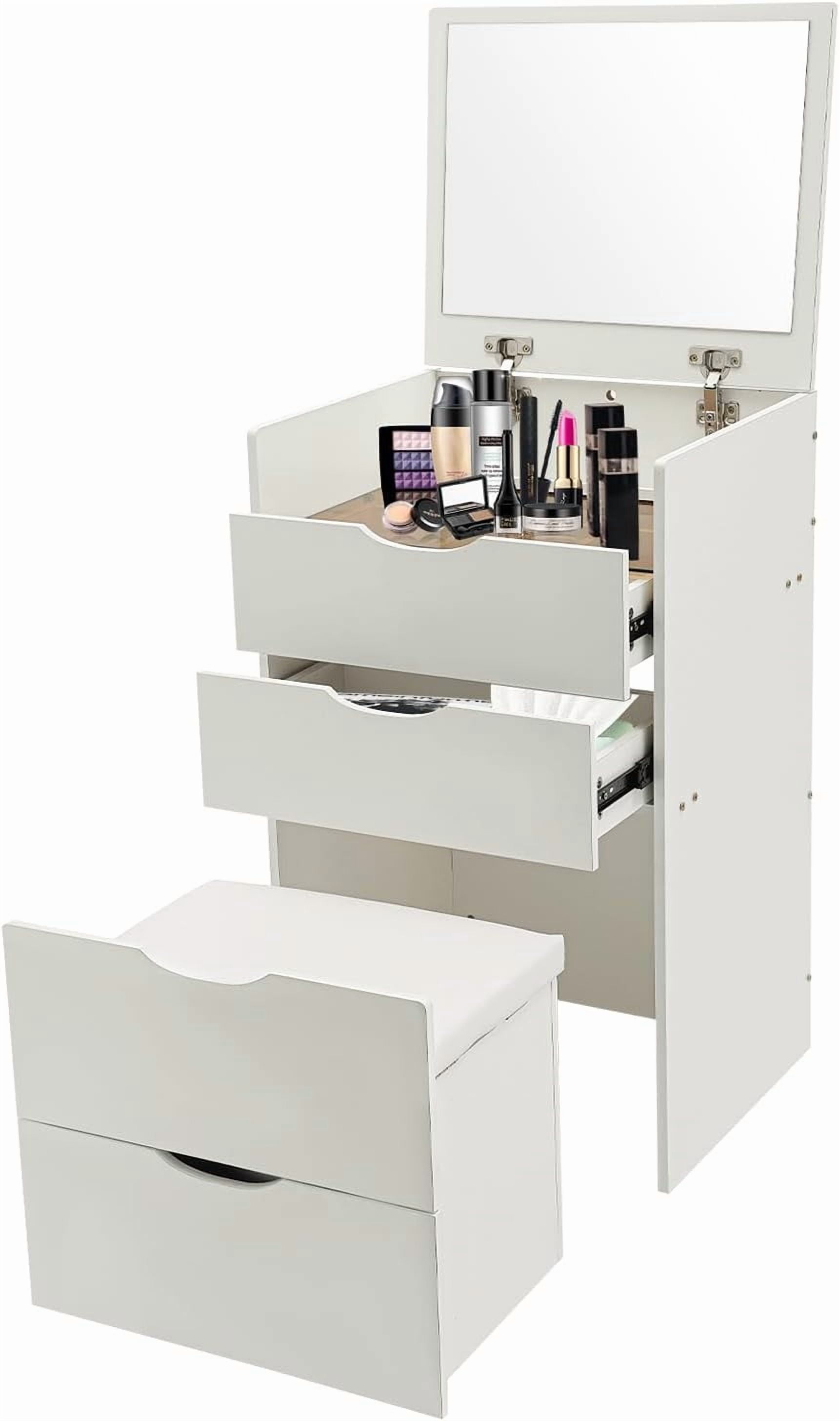 3 in 1 Vanity Desk with Flip-top Mirror and Hidden-Stool, Compact ...