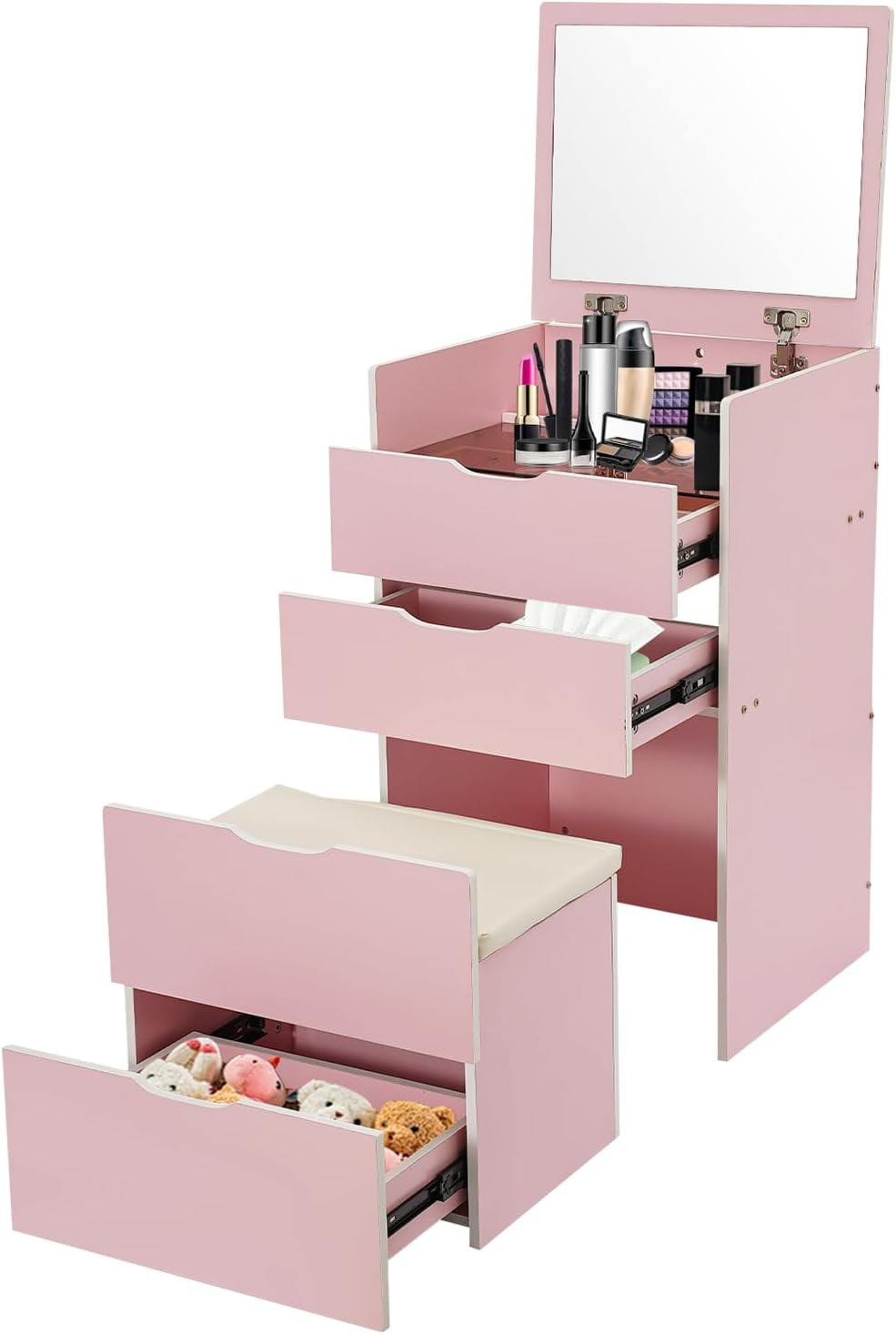 3 in 1 Vanity Desk with Flip-top Mirror and Hidden-Stool, Compact ...