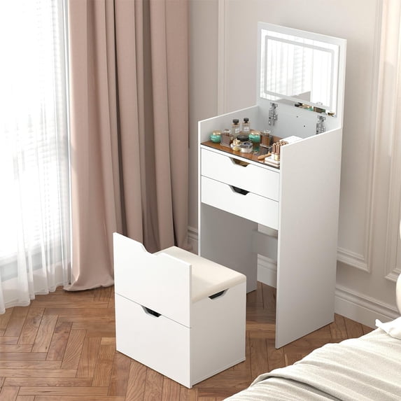 3 in 1 Vanity Desk with Flip-up Mirror and Lights, Small Makeup Vanity ...