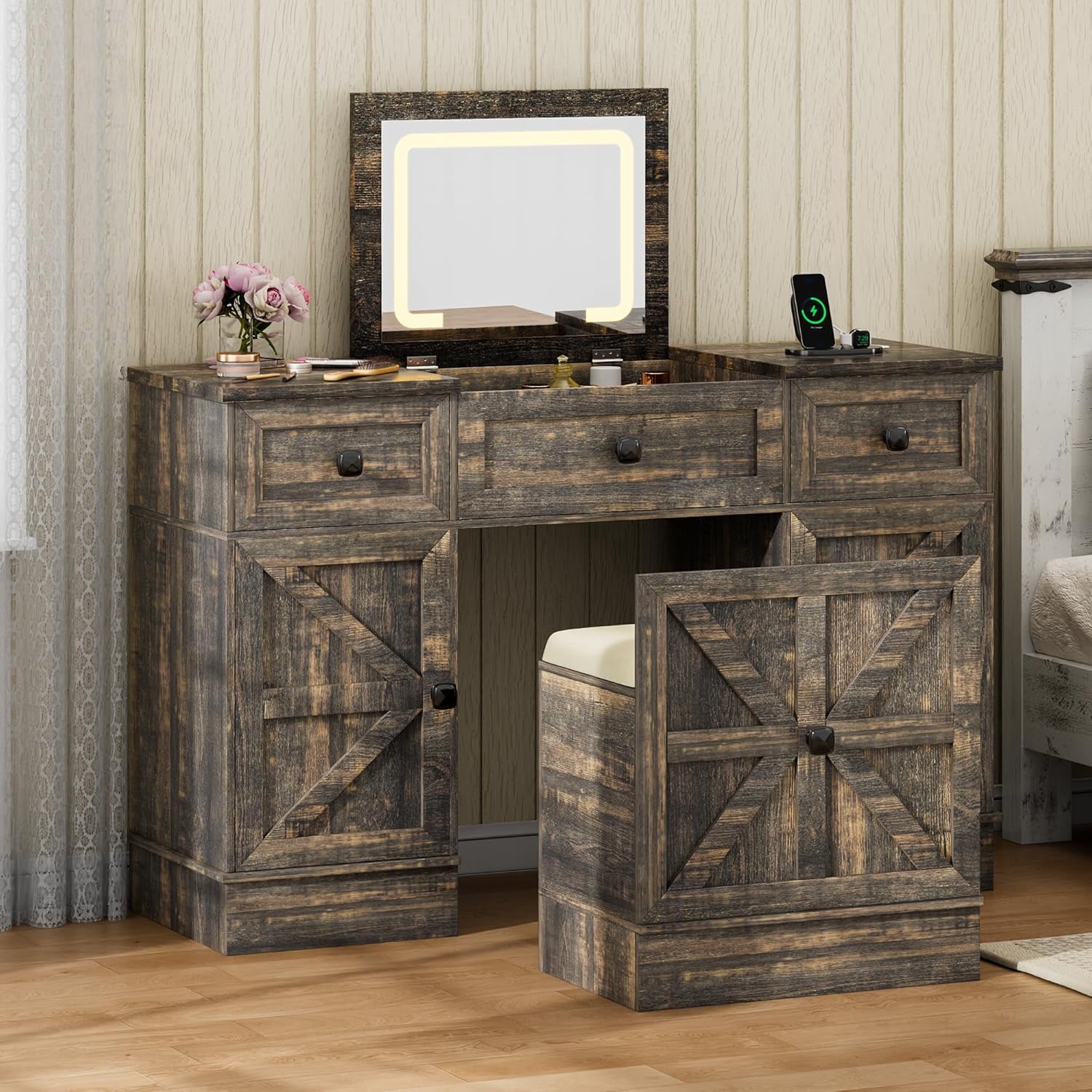 3 in 1 Vanity Desk with Mirror and Lights, Farmhouse Dressing Table ...