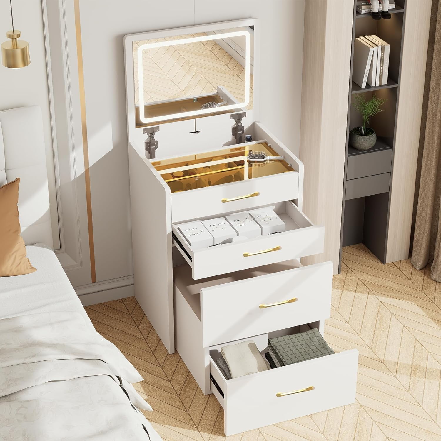 3 in 1 Vanity Desk with Mirror and Lights,Small Make Up Vanity Set with ...