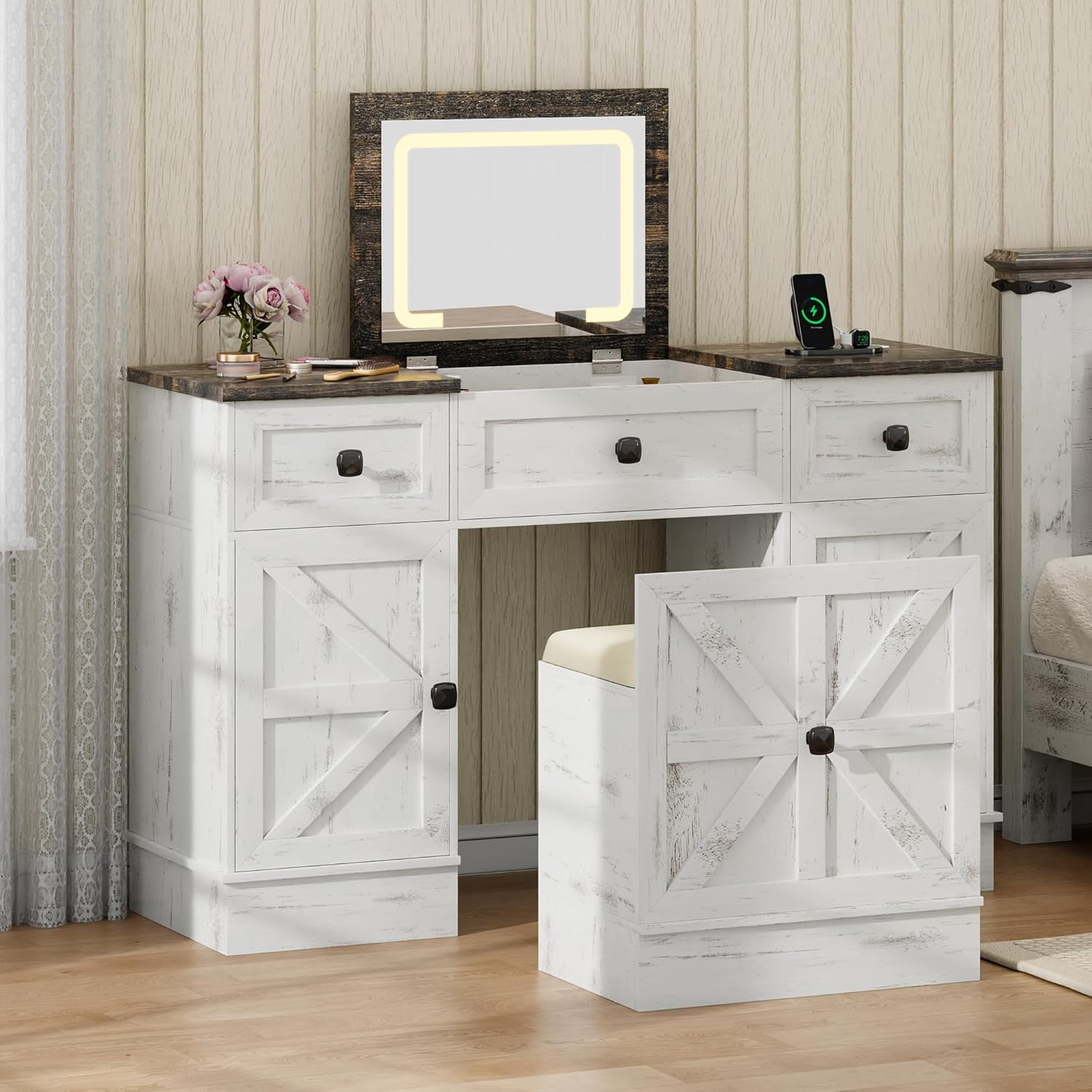 3 in 1 Vanity with Mirror and Lights Farmhouse Dressing with Charging ...
