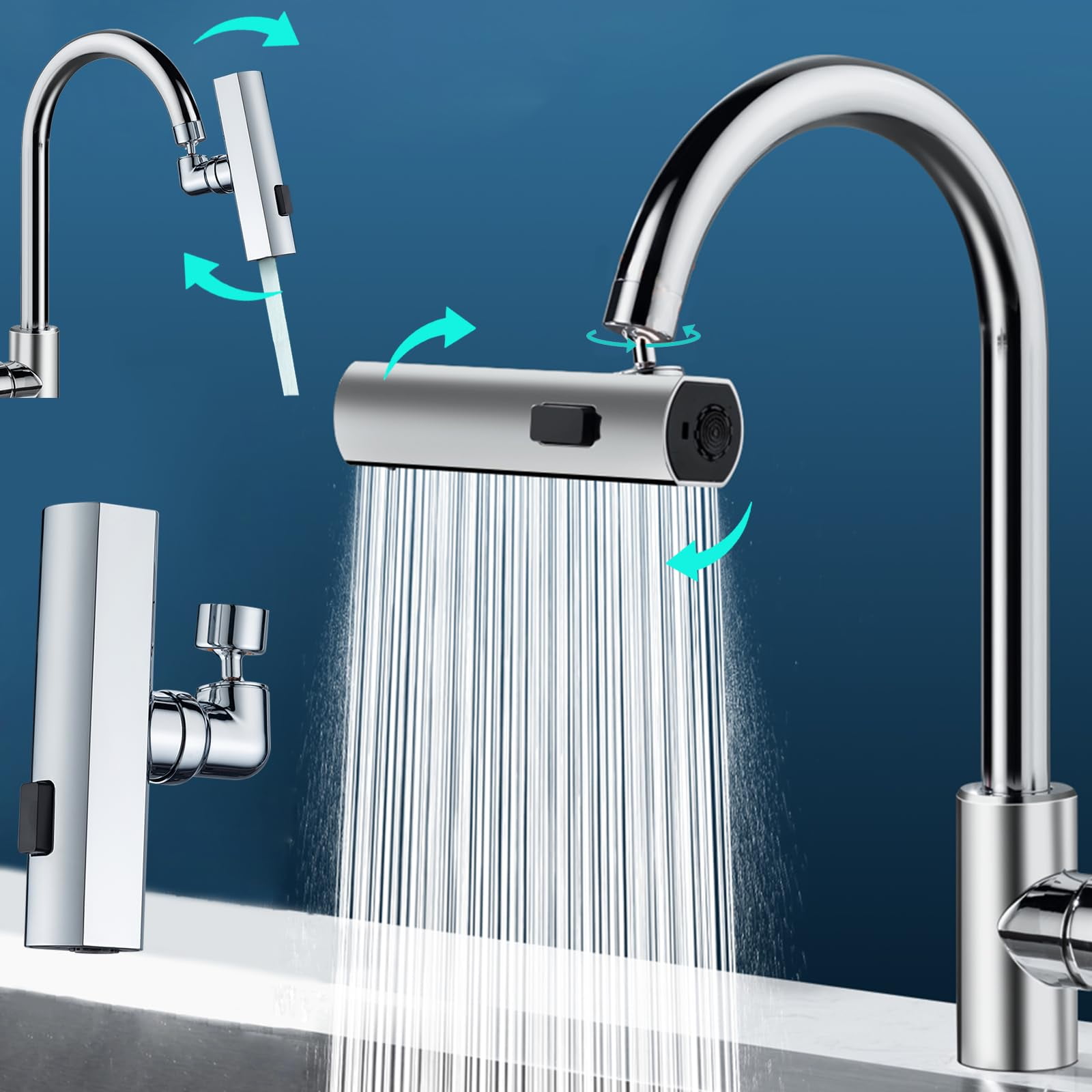 3 in 1 Waterfall Kitchen Faucet, 360° Kitchen Waterfall Sink, Waterfall ...