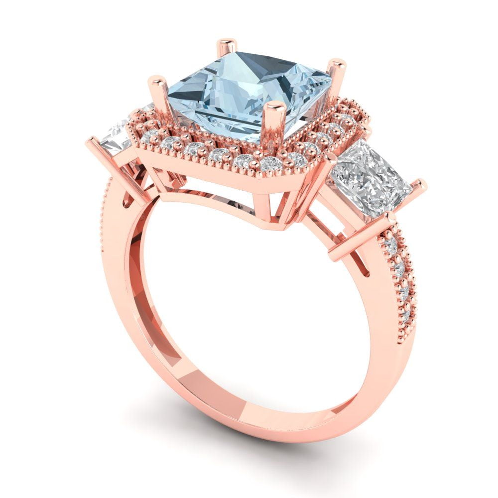 3.1 ct Brilliant Princess Cut VVS1 Blue Zircon 14k Rose Solid Gold ...
