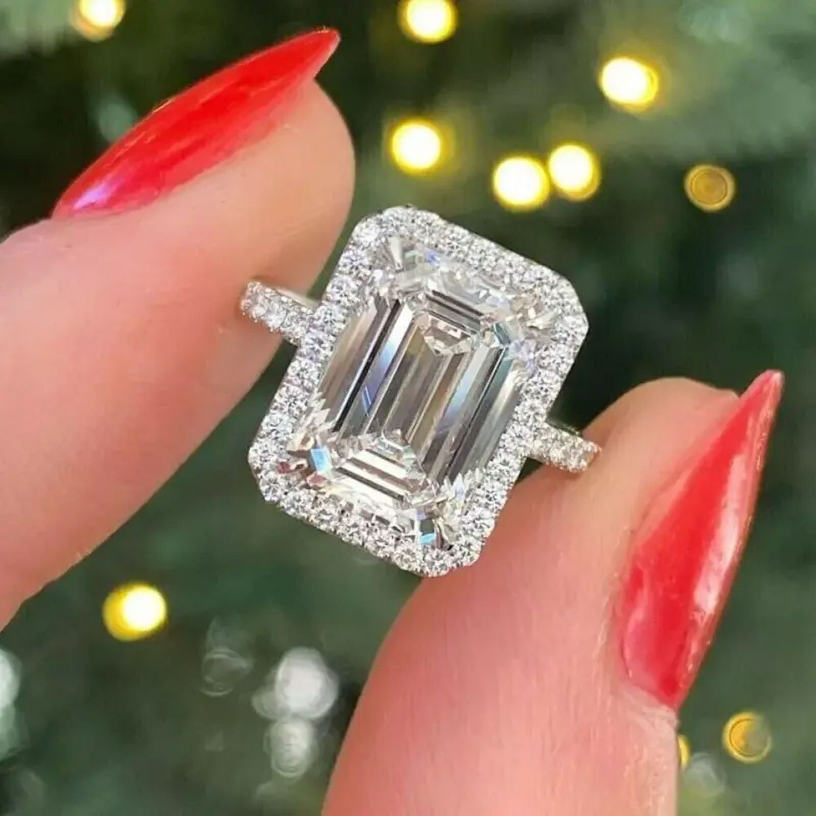 3.10Ct Emerald-Cut Certified Moissanite Halo Women's Wedding Ring ...