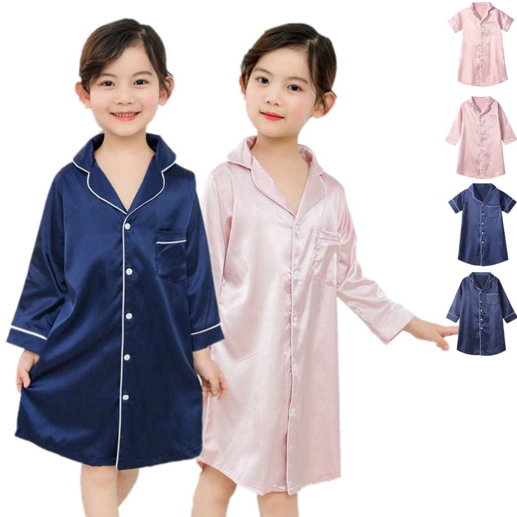 3-10Y Girls Satin Pajamas Sleep Dress Button Down Silky Sleepwear ...
