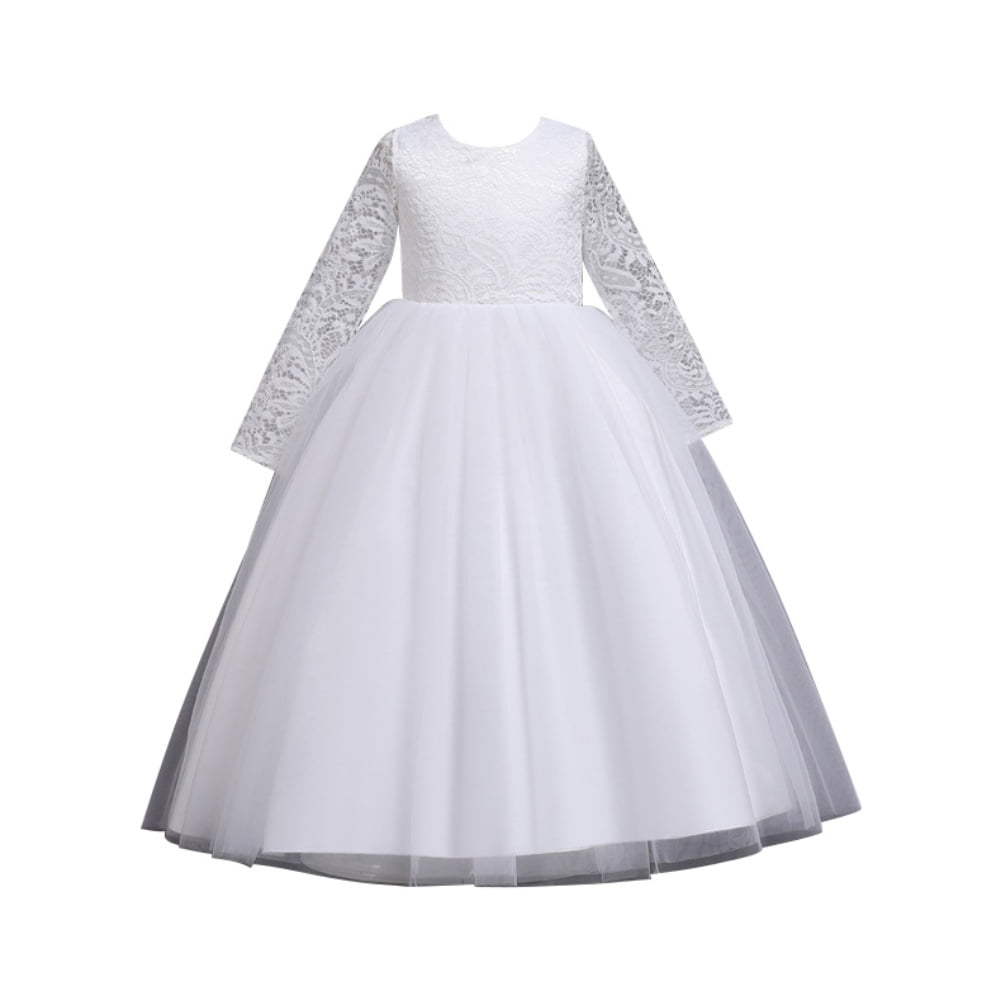 3-13T Girls White Dresses Long Sleeve Floral Wedding Maxi Dress Kids ...