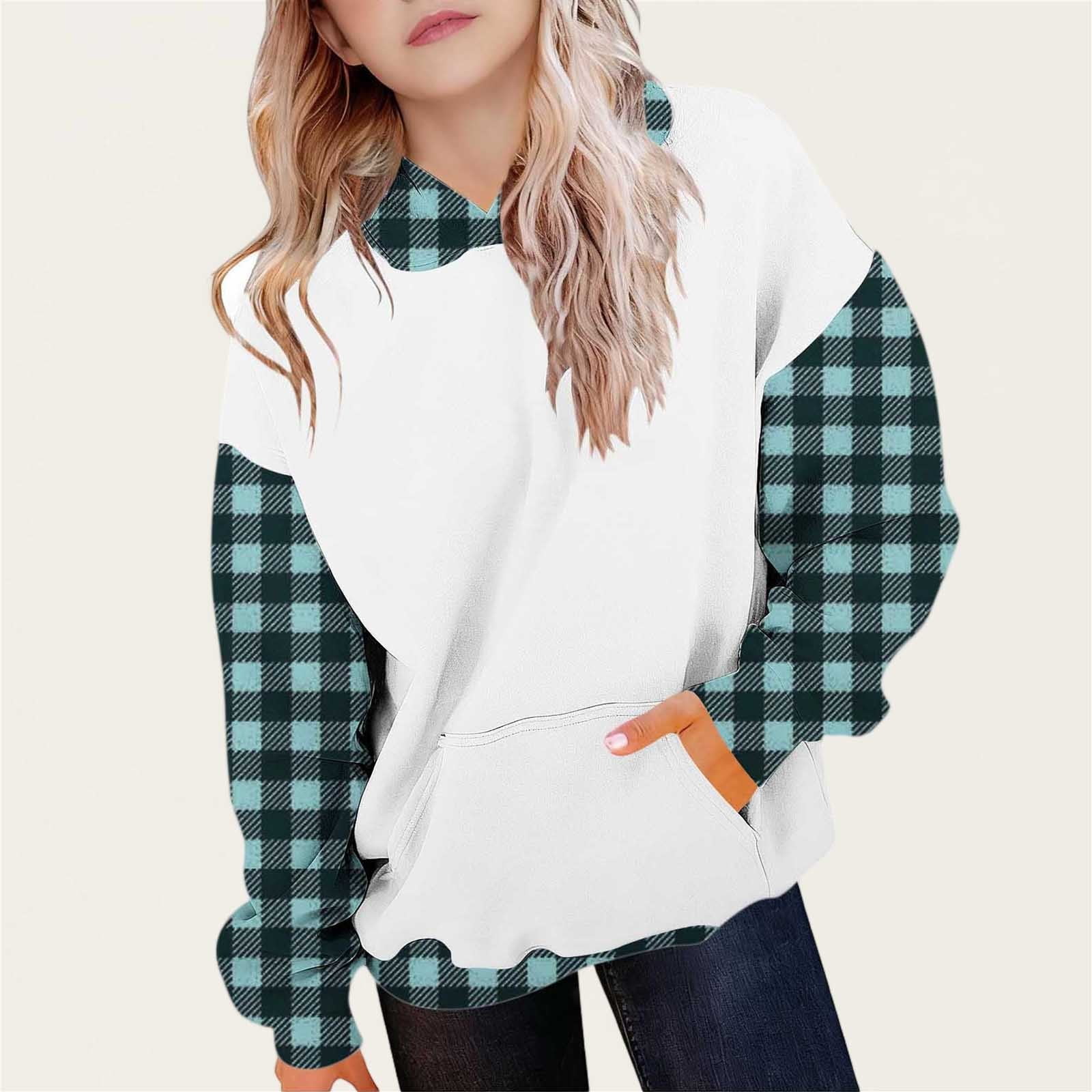 3-14 Years Girls Plaid Striped Splicing Hoodie Shirt Blouse for Girls ...