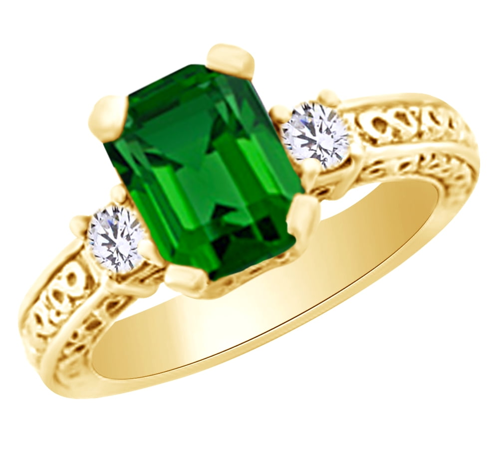 AFFY (3.14 cttw) Simulated Green Emerald & White Natural Diamond Three ...