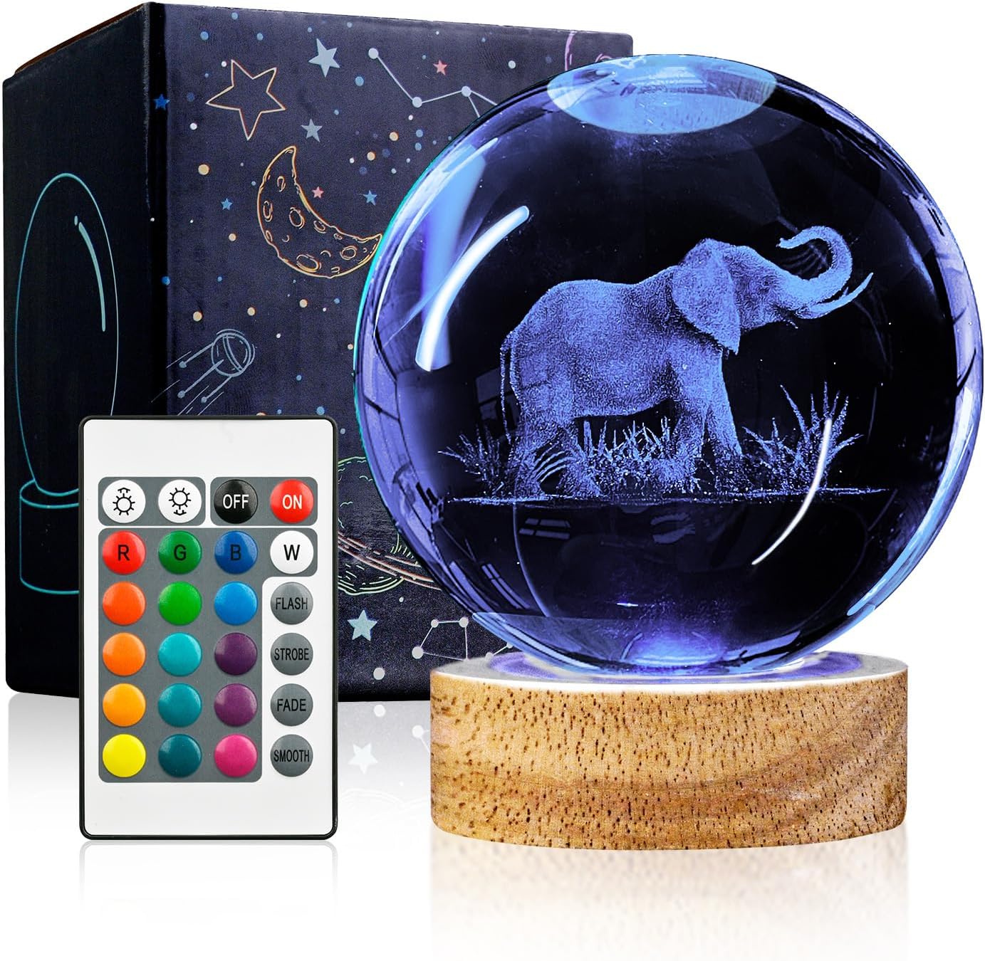 3.15“ Elephant Crystal Ball Night Light with Woodern Base and Remote ...