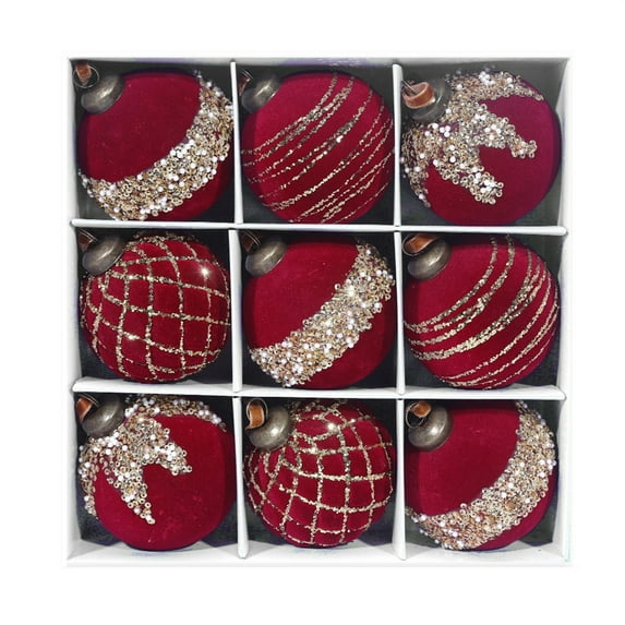3.15" Red Velvet Christmas Ball Ornaments, 9 PCS Shatterproof Flocked ...