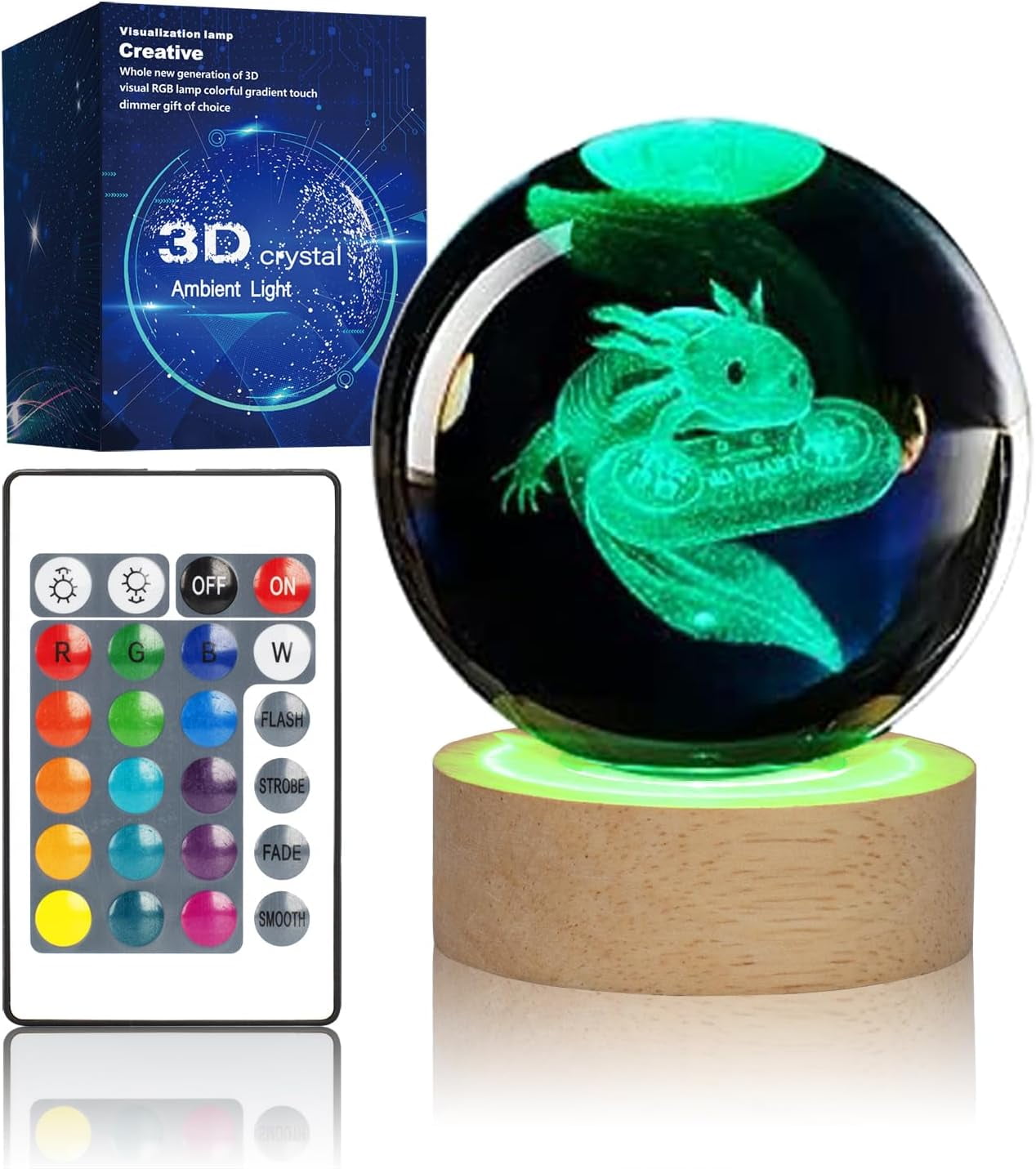 3.15 inch Axolotl Night Light with Woodern Base, Creative Crystal Ball ...