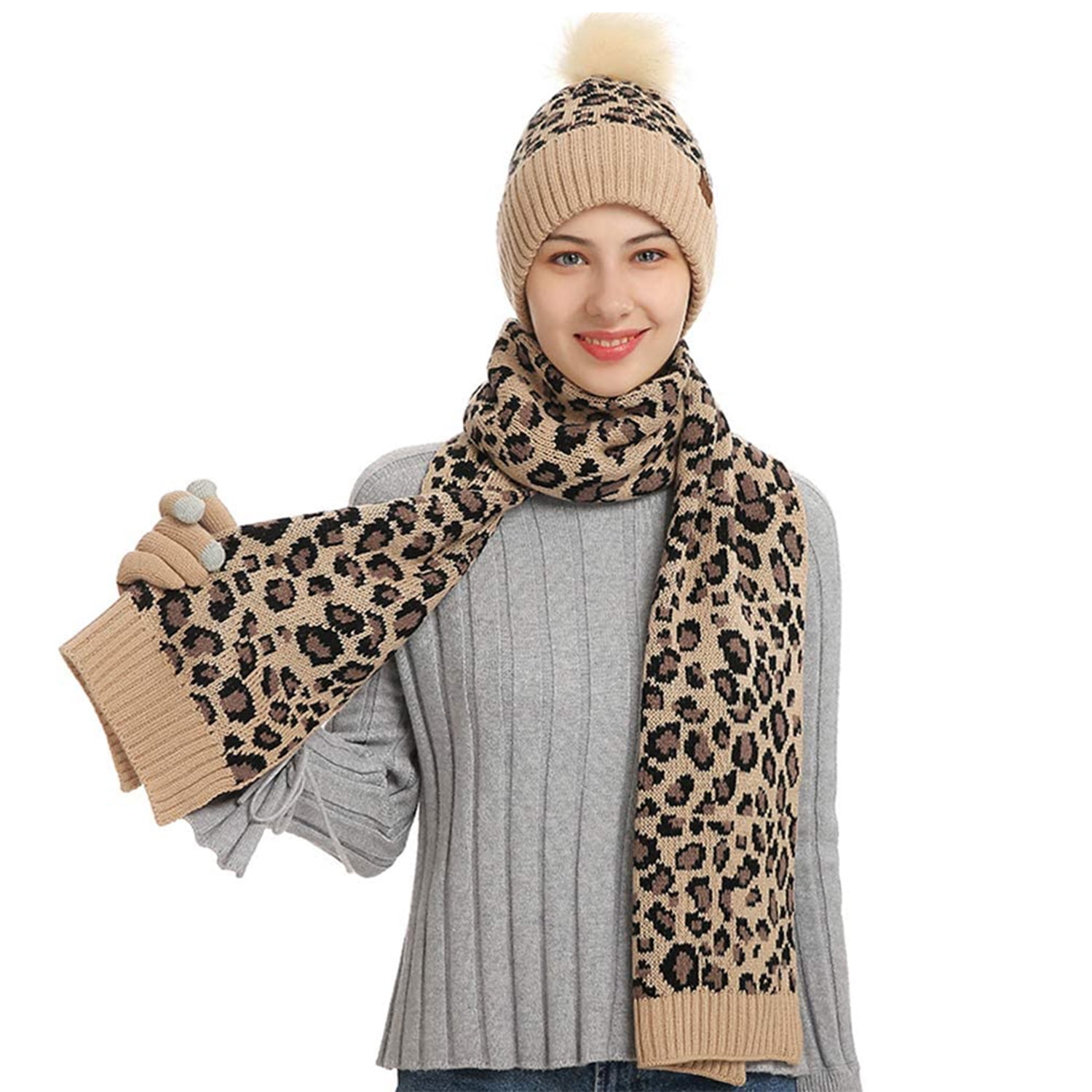 3 in 1Women Winter Beanie Hat Scarf Gloves Set, Warm Knit Beanie Winter ...