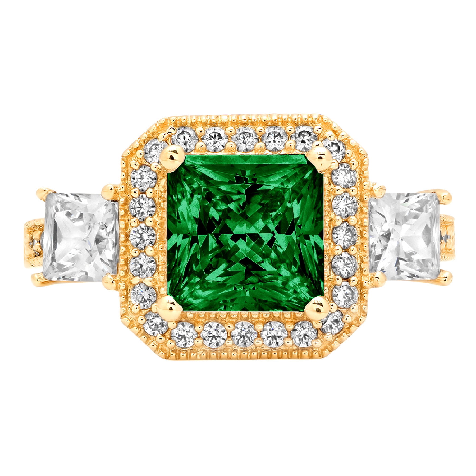 3.1ct Princess Cut Precious Gem Green Simulated Emerald Real 18k Yellow ...