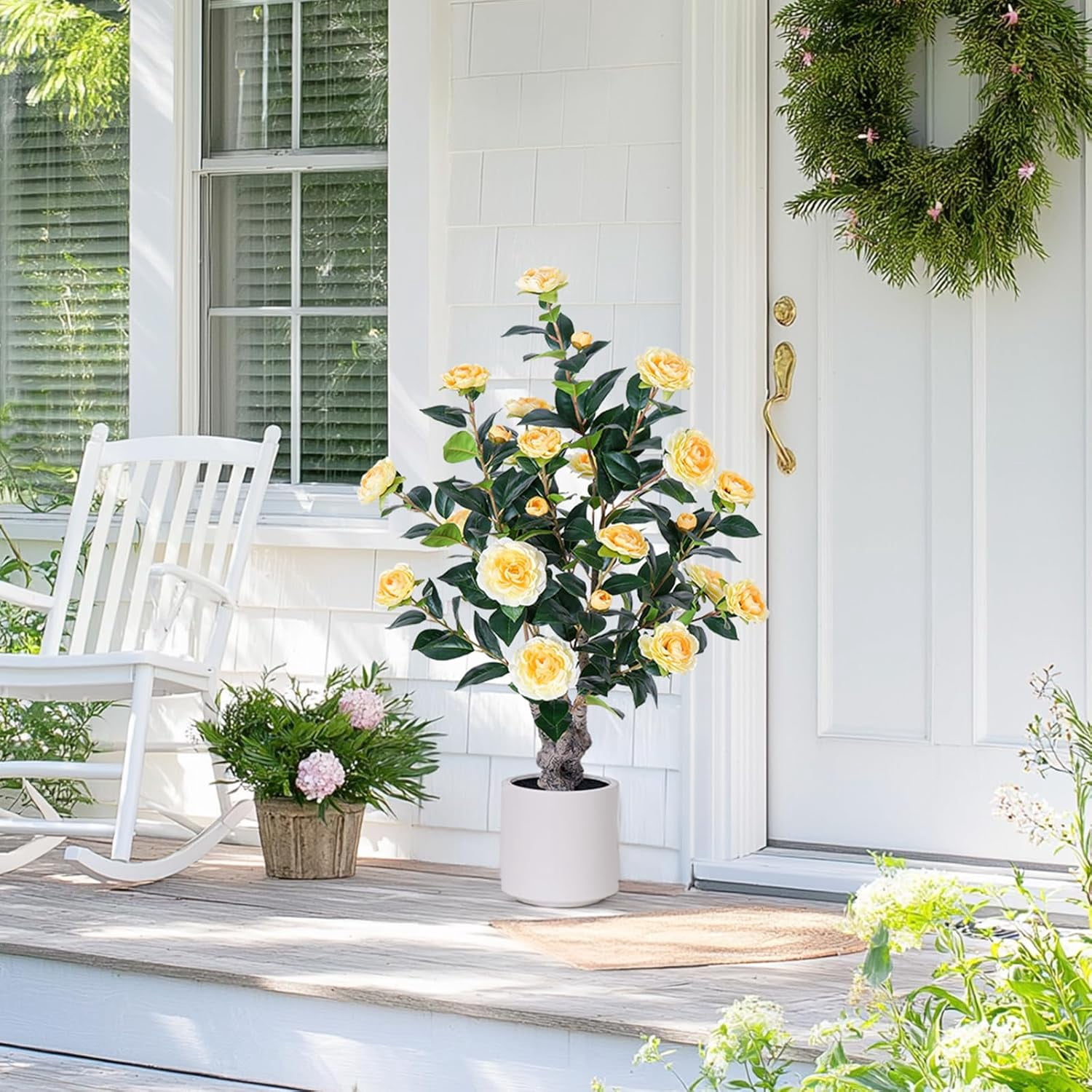 3.2 Ft Yellow Artificial Camellia Tree with White Pots - 39 inch Tall ...