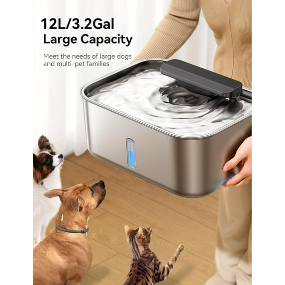 3.2 Gal / 12L Dog & Cat Water Fountain, Ultra-Quiet Stainless Steel Pet ...