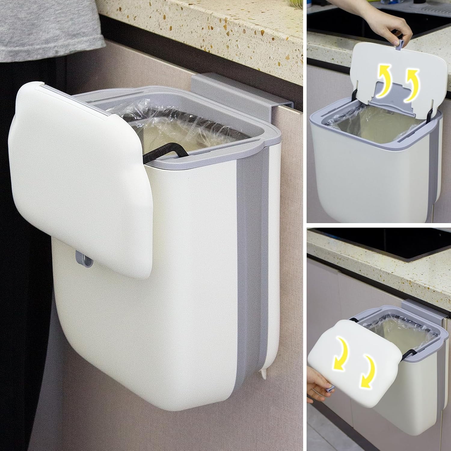 3.2 Gallon Foldable Hanging Trash Can with Lid for Cabinet Door,Kitchen ...