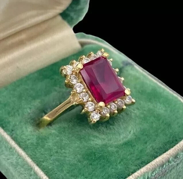 3.22Ct Emerald Cut Lab-Created Red Ruby Halo Anniversary Gift Ring 14K ...