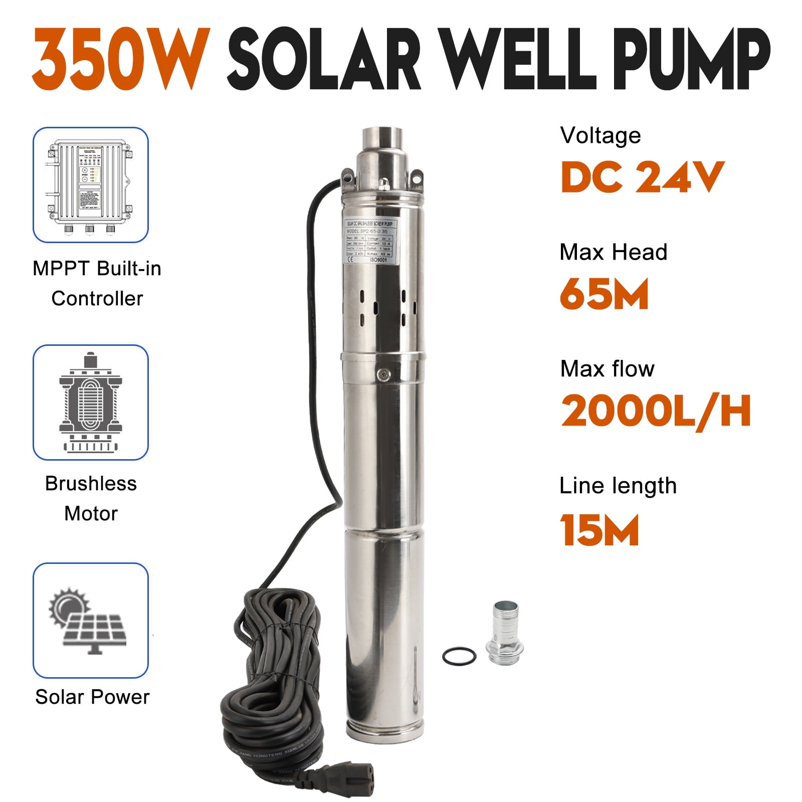 3" 24V 350W Deep Well Solar Submersible Bore Hole Water Pump Built-in ...