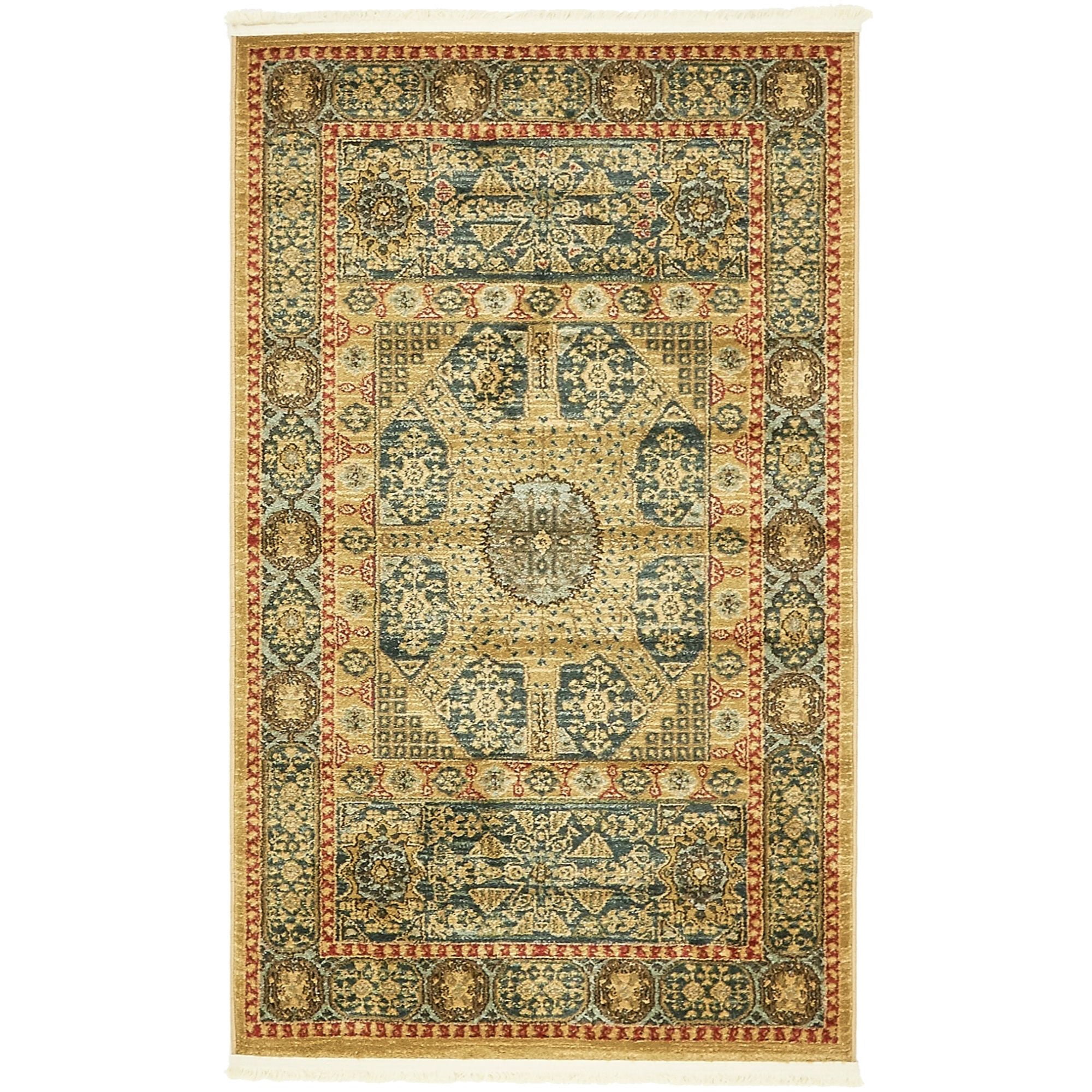 3.25' x 5.25' Navy Blue and Olive Green Medallion with Border ...