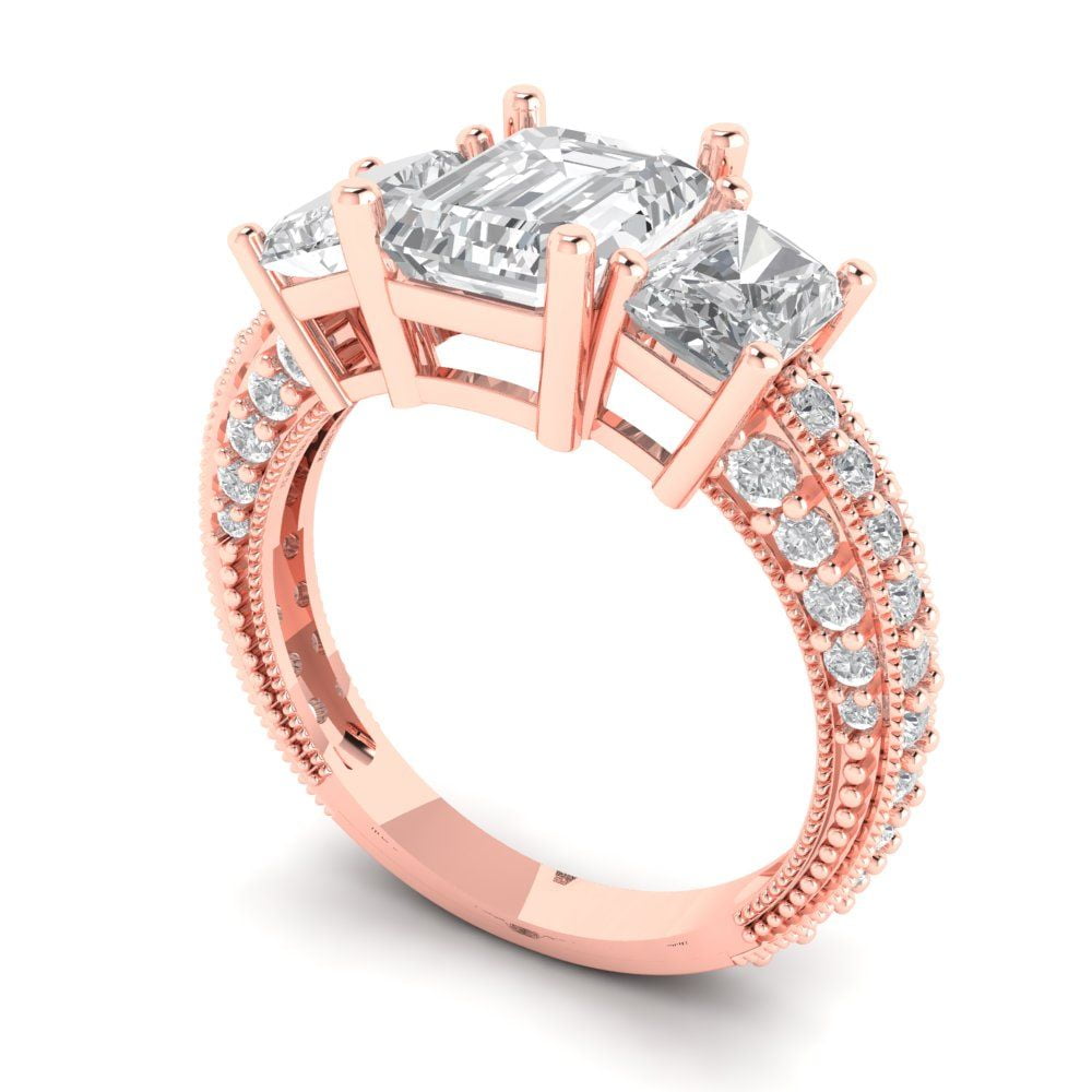 3.28 ct emerald cut clear Zircon 14k rose gold 3 stone Bridal Wedding ...