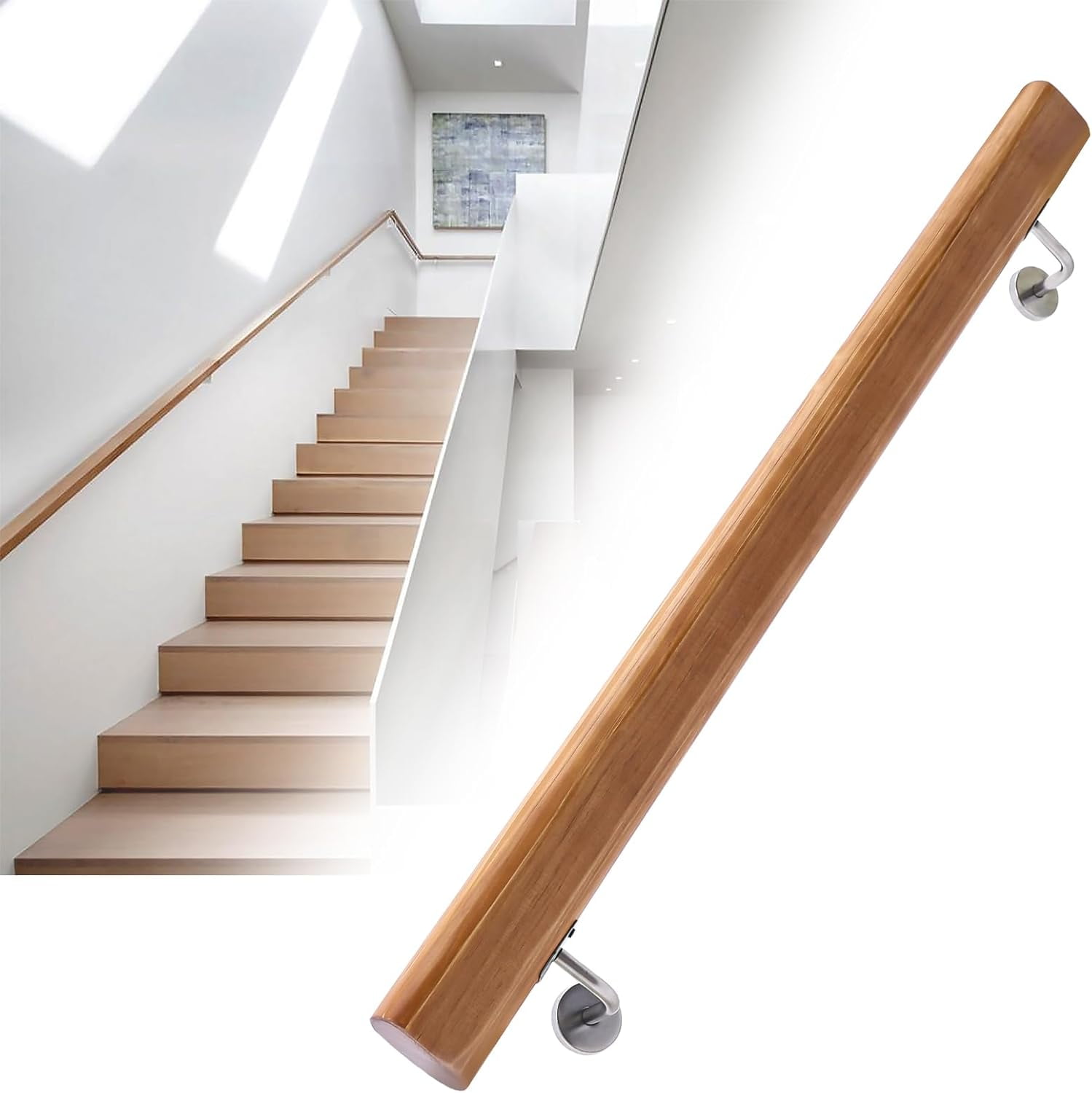 3.28FT Solid Wood Handrail for Steps Stair Railing Hand Rail Kit Round ...