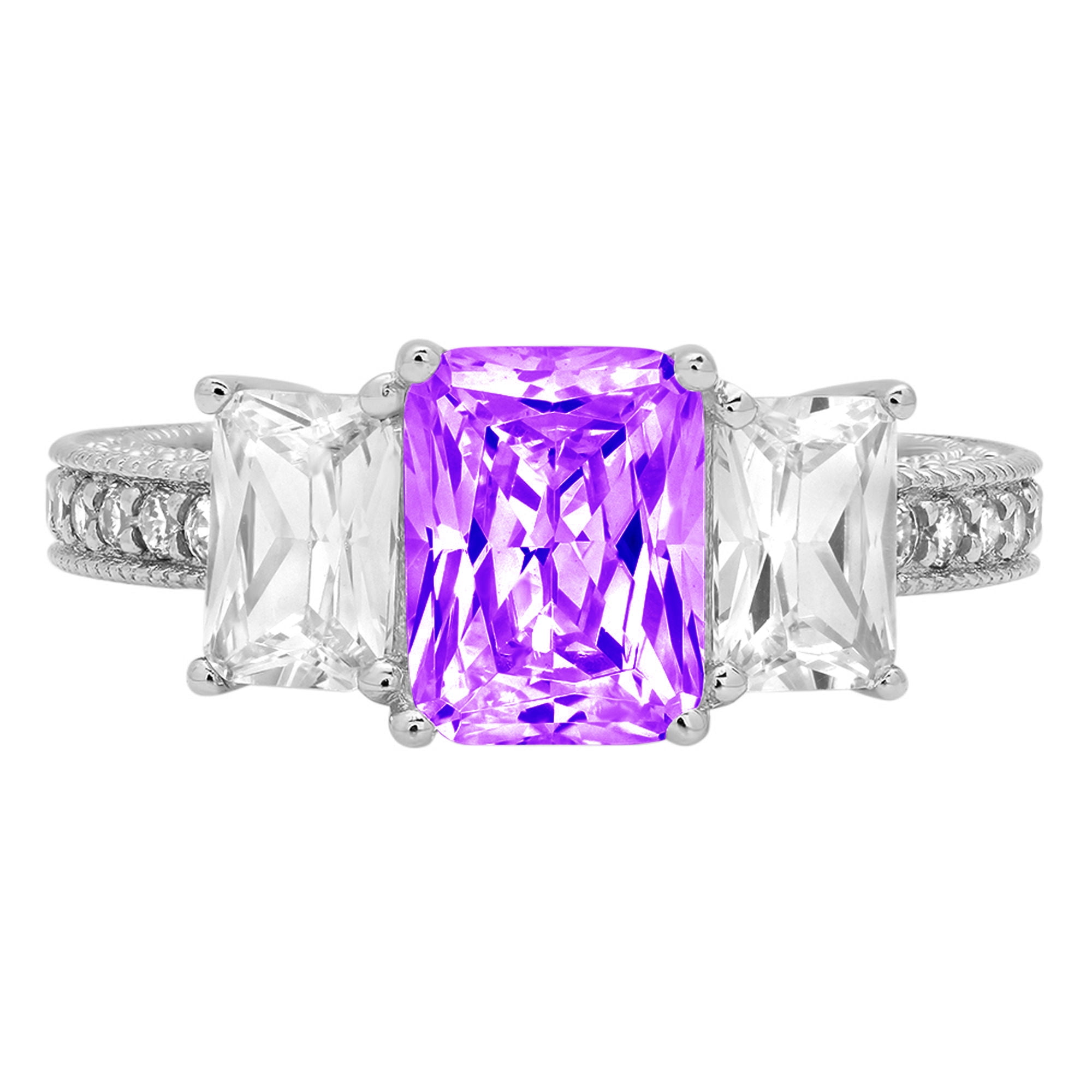 3.28ct Emerald cut - Three- Stone - Natural Amethyst - 14k White Gold - Engagement Ring ...