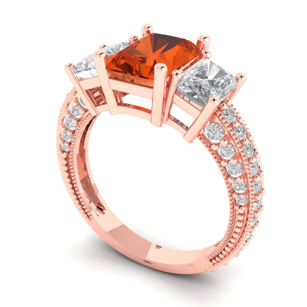 3.28ct emerald cut red Zircon 18k rose gold 3 stone Bridal Wedding Engagement Promise ...