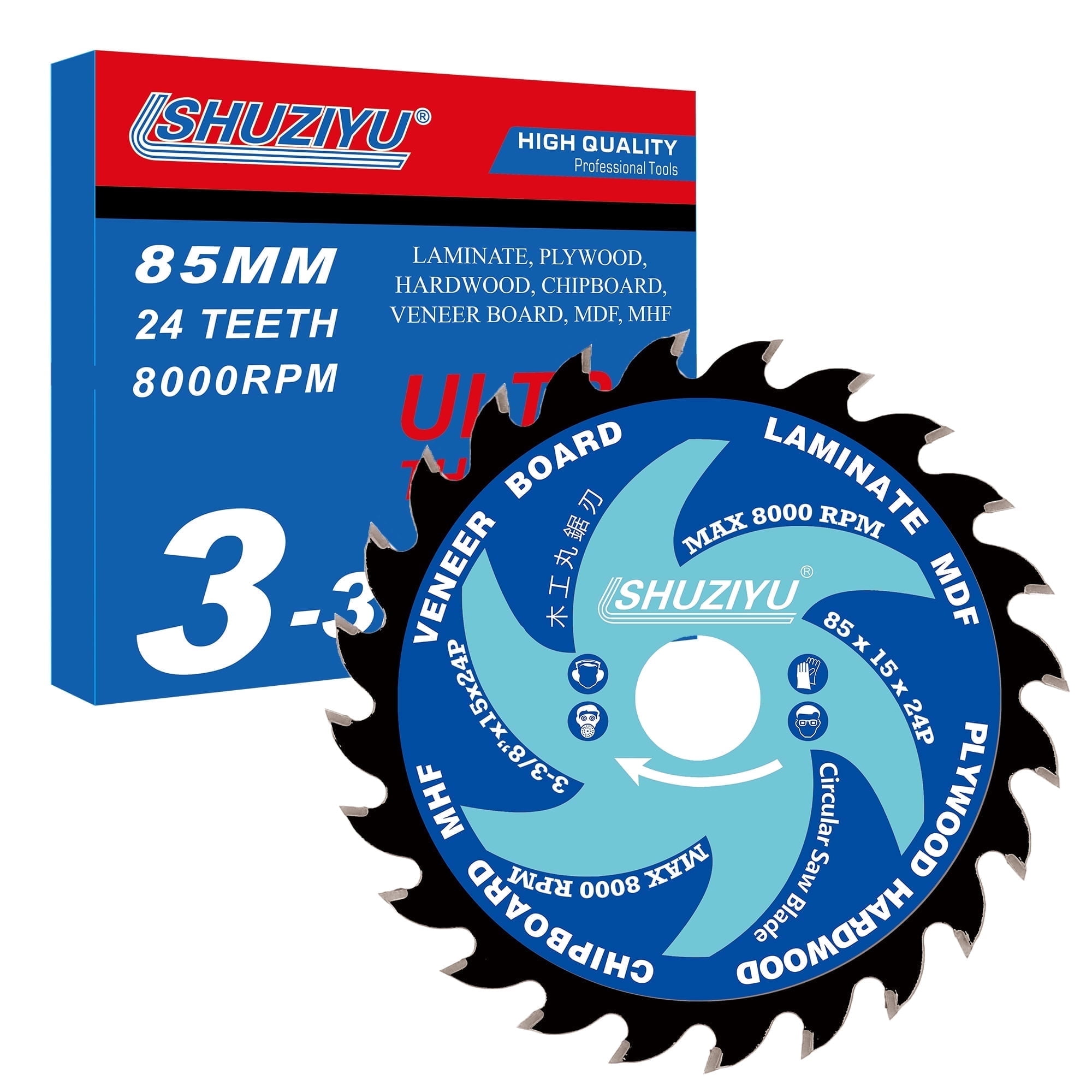 3-3/8" (85mm)-24T, Wood Work Circular Saw Blade, Arbor 15mm with 3/8 ...