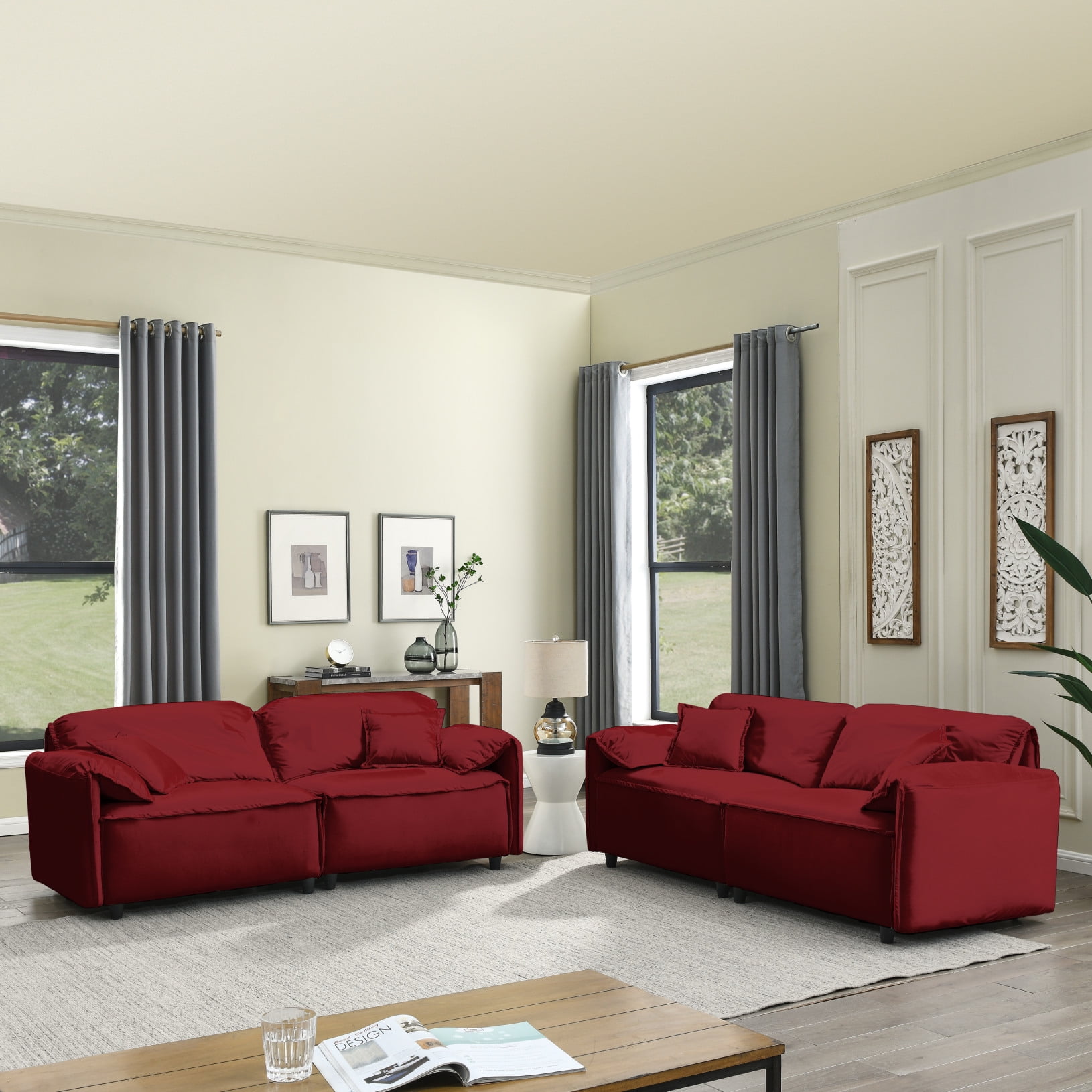 3+3 Seat Sofa Set, Velvet Sofa Couch with Unique Turned Inward Back and ...