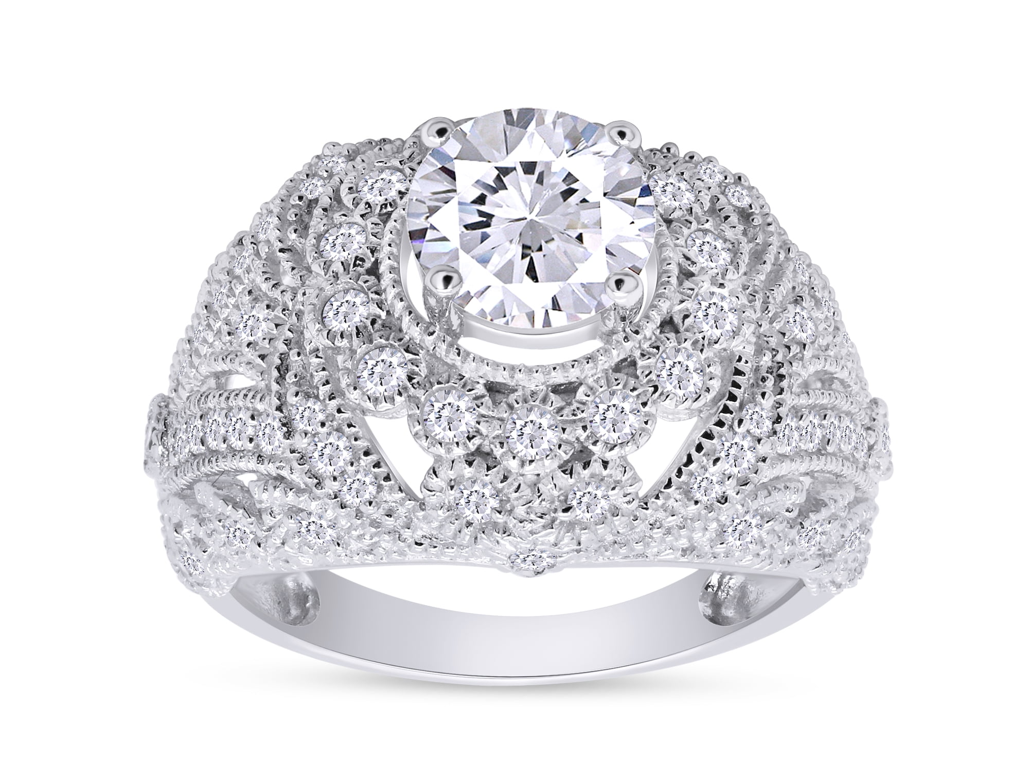 3.35 CT Round Cut Simulated White Diamond Cluster Engagement Ring In 14K White Gold Plated 925 ...