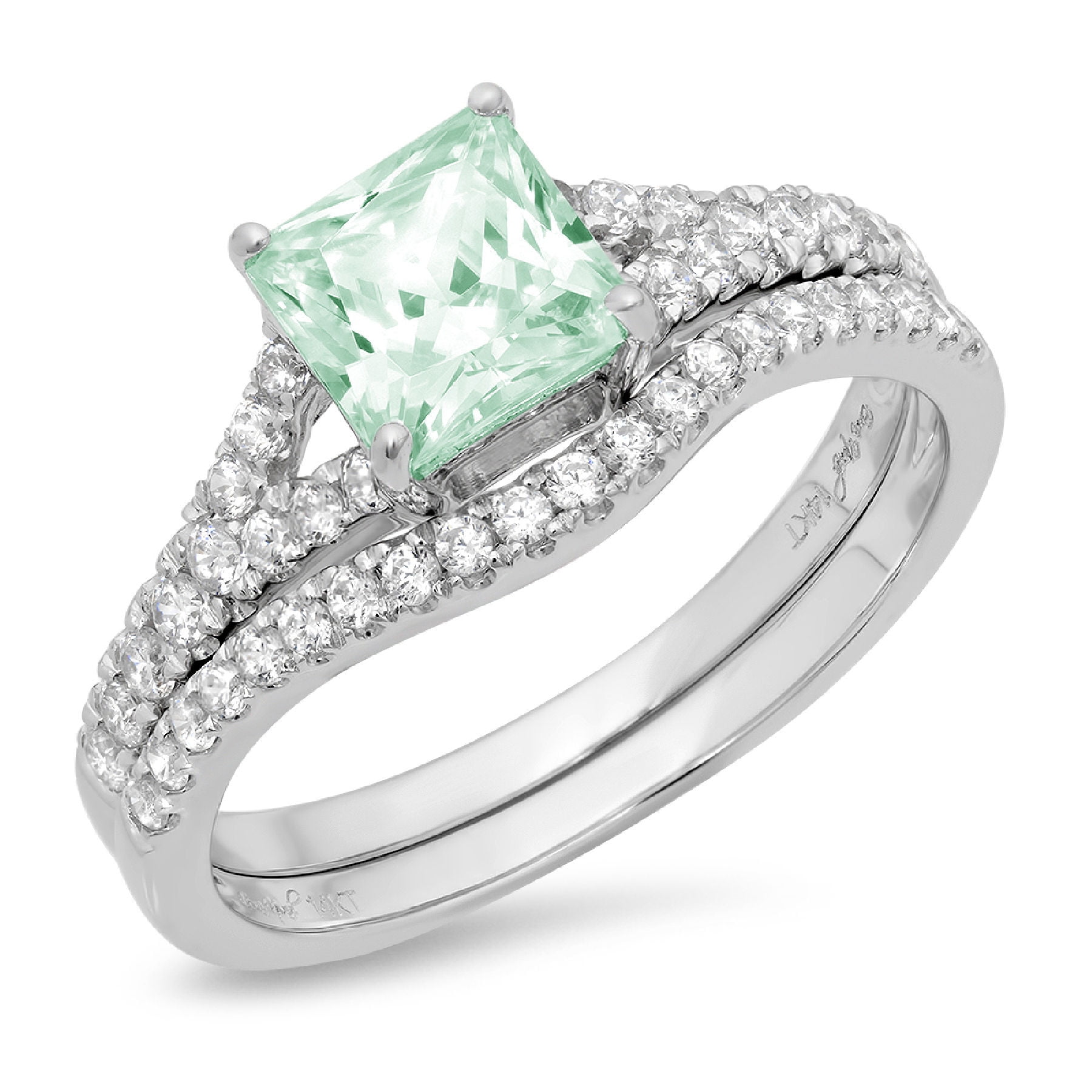 3.36 ct Princess Cut Green Simulated Diamond Gem Real 18k White Gold ...