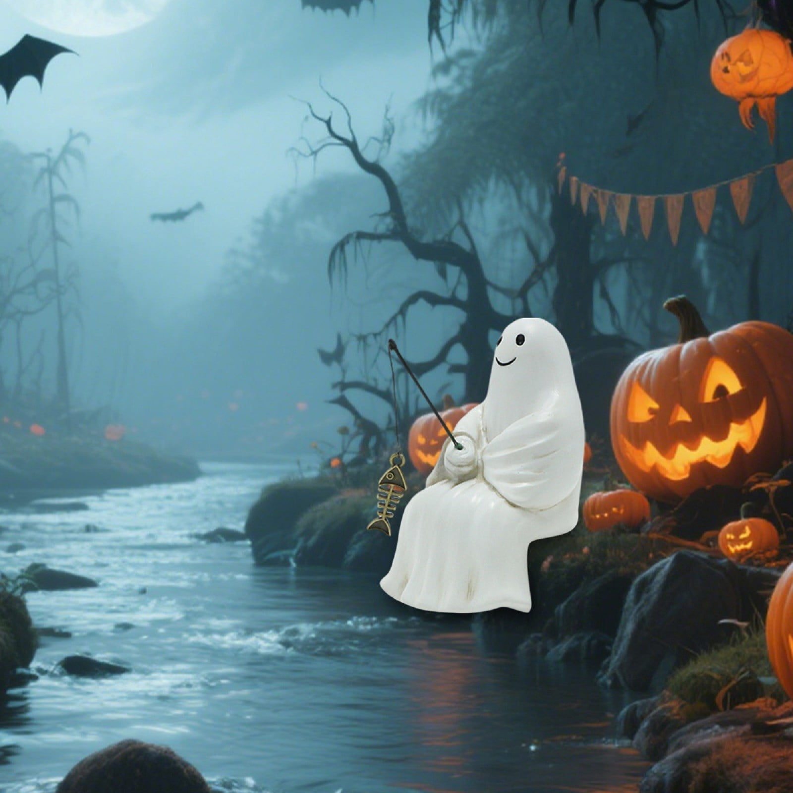 3.38Inch Halloween Resin Ornament Statue, Fishing Ghost Skeleton Statue ...