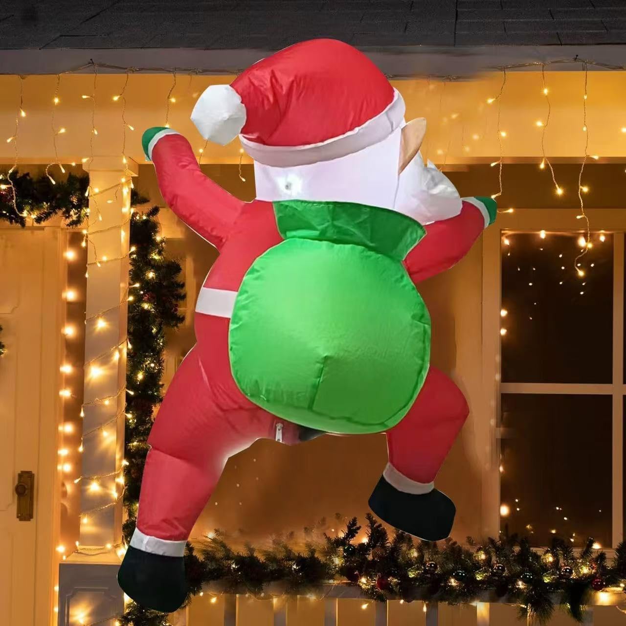 3.3FT Christmas Inflatable Climbing Santa Claus with Green Gift Bag ...