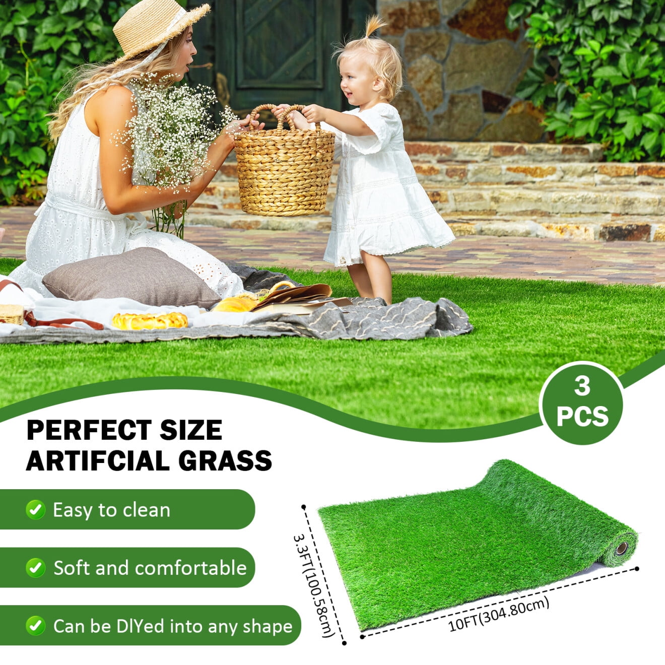 3.3FT x 10 FT Artificial Grass Realistic Turf, Rubber Backed with ...