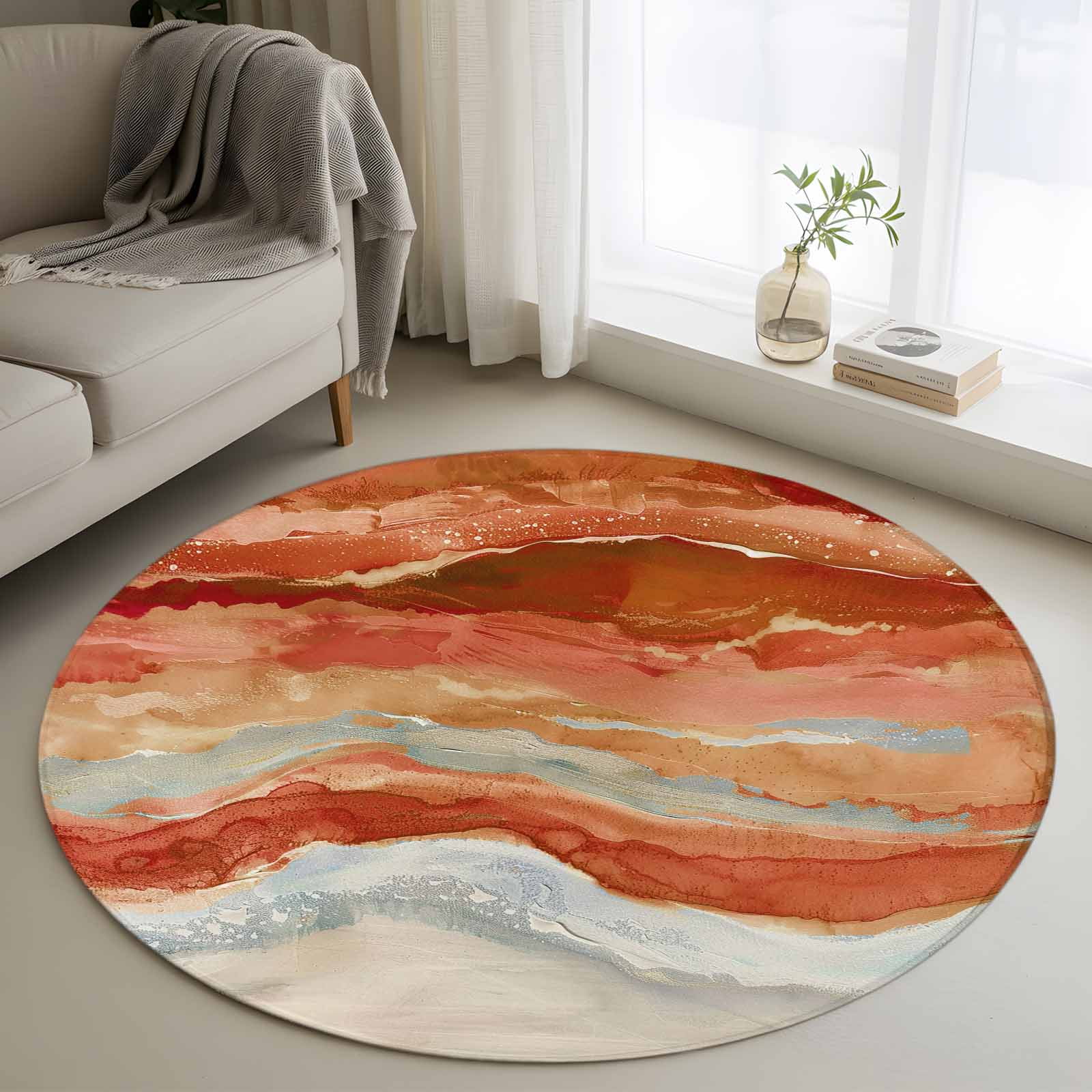 3.3Ft Round Rug, Burnt Orange Coastal Non-Skid Rubber Backing Large ...