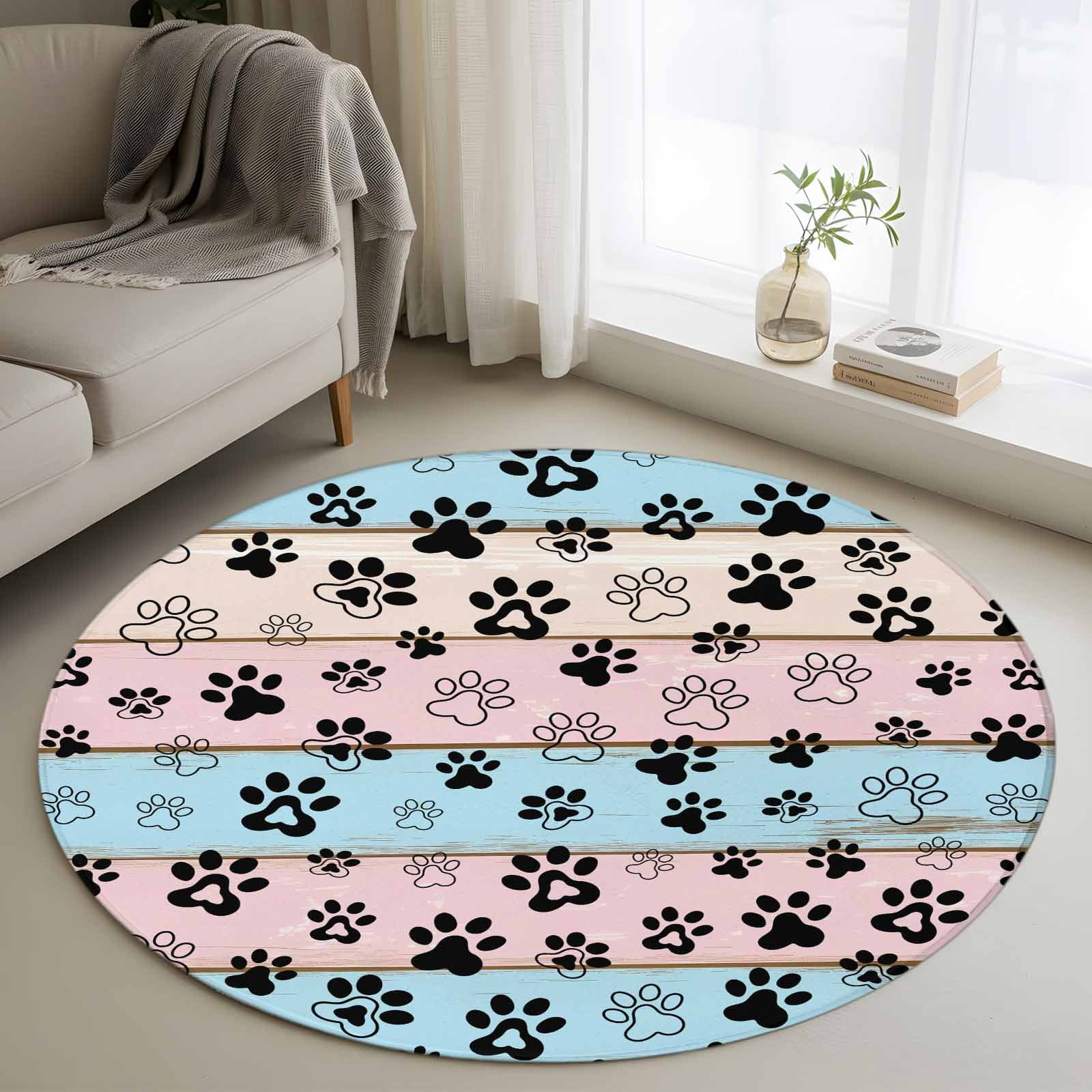 3.3Ft Round Rug, Pink Blue Paw Print Non-Skid Rubber Backing Large Area ...