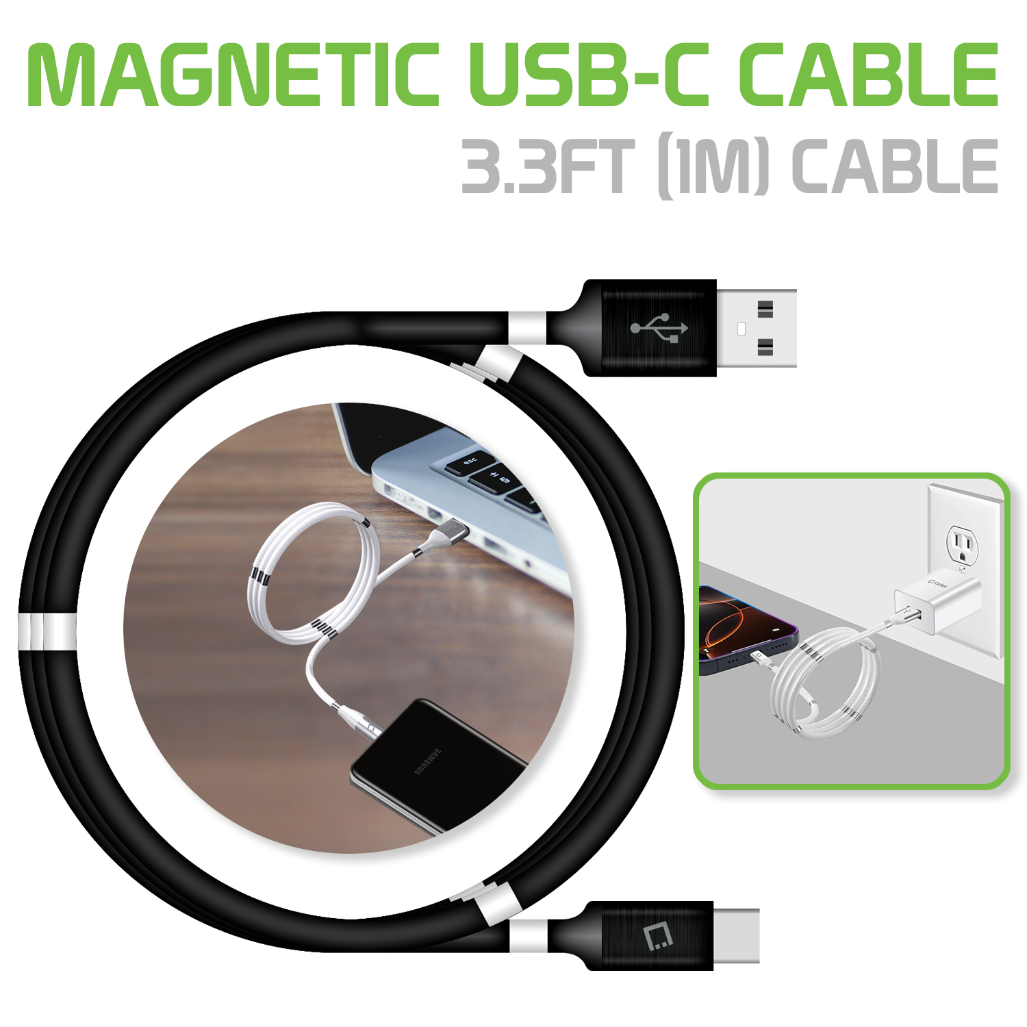 3.3ft. (1m) Magnetic Self Winding USB-C Charging and Data Sync Cable ...