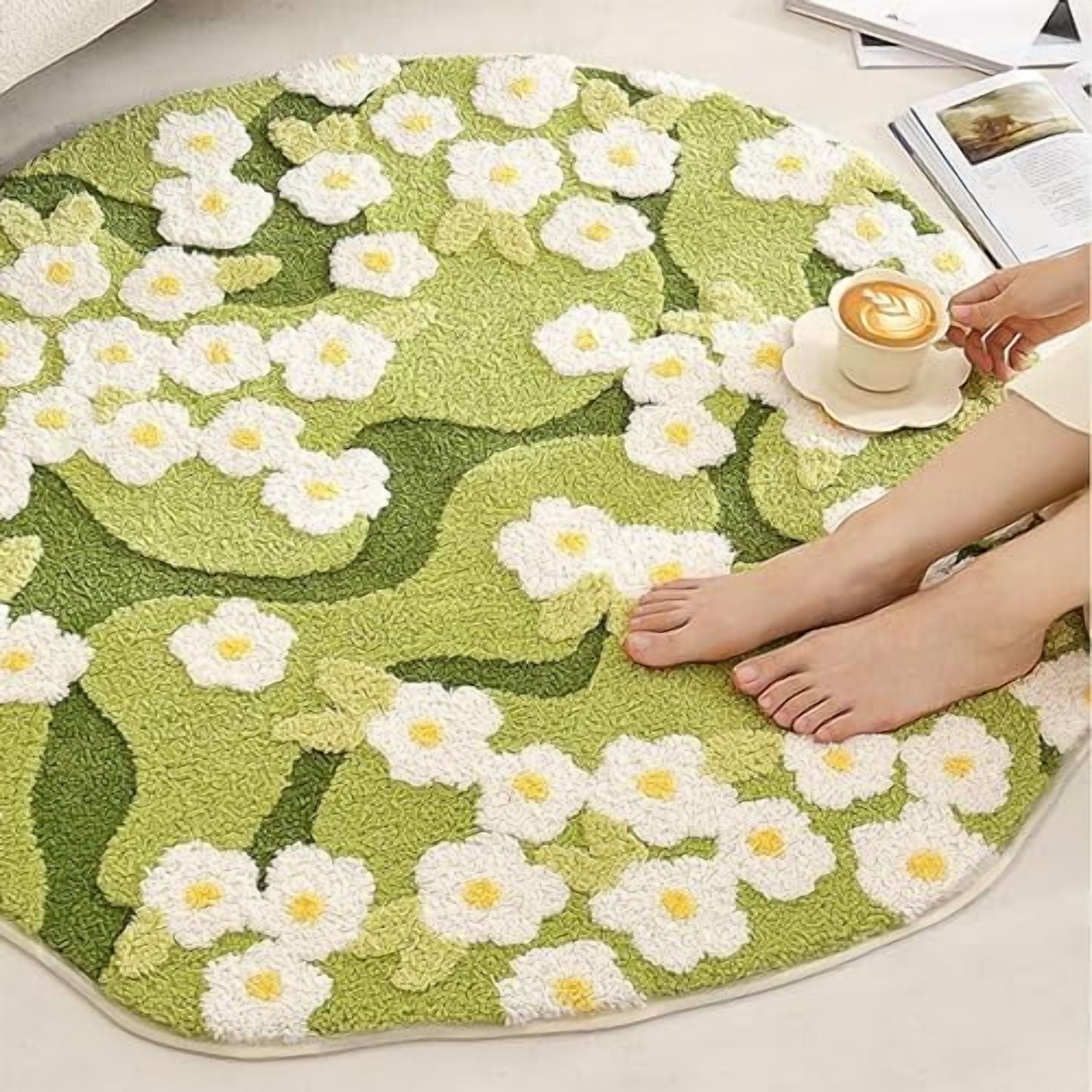 3.3ft Round Area Green Grass Moss Rugs Cute Flower Shag Fluffy Floral ...