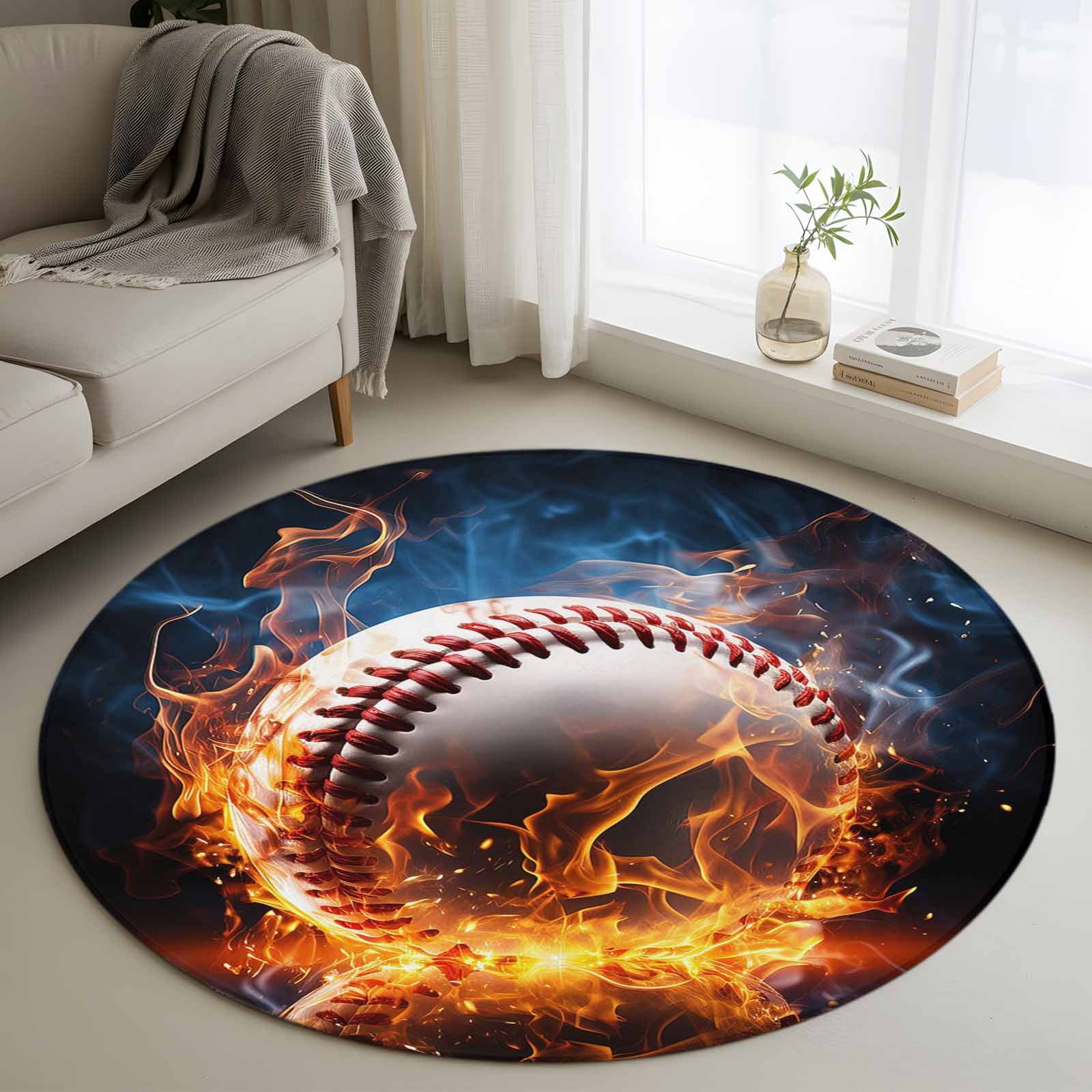 3.3ft Round Rug, Baseball, Non-Skid Rubber Backing Large Area Rugs ...