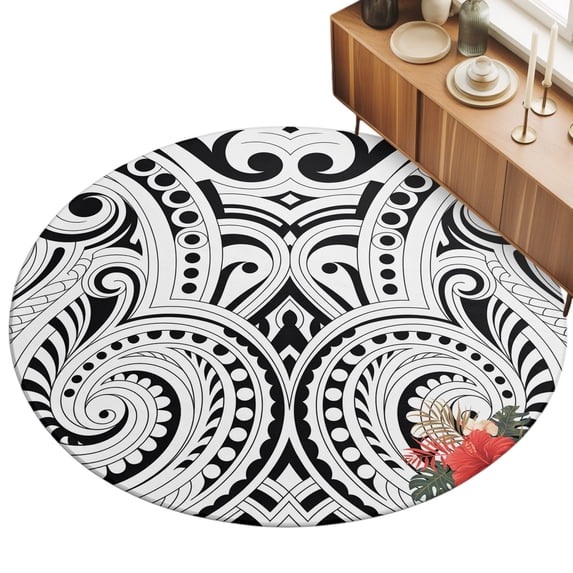 3.3ft Round Rug Black Polynesia Texture Area Rugs for Living Room ...